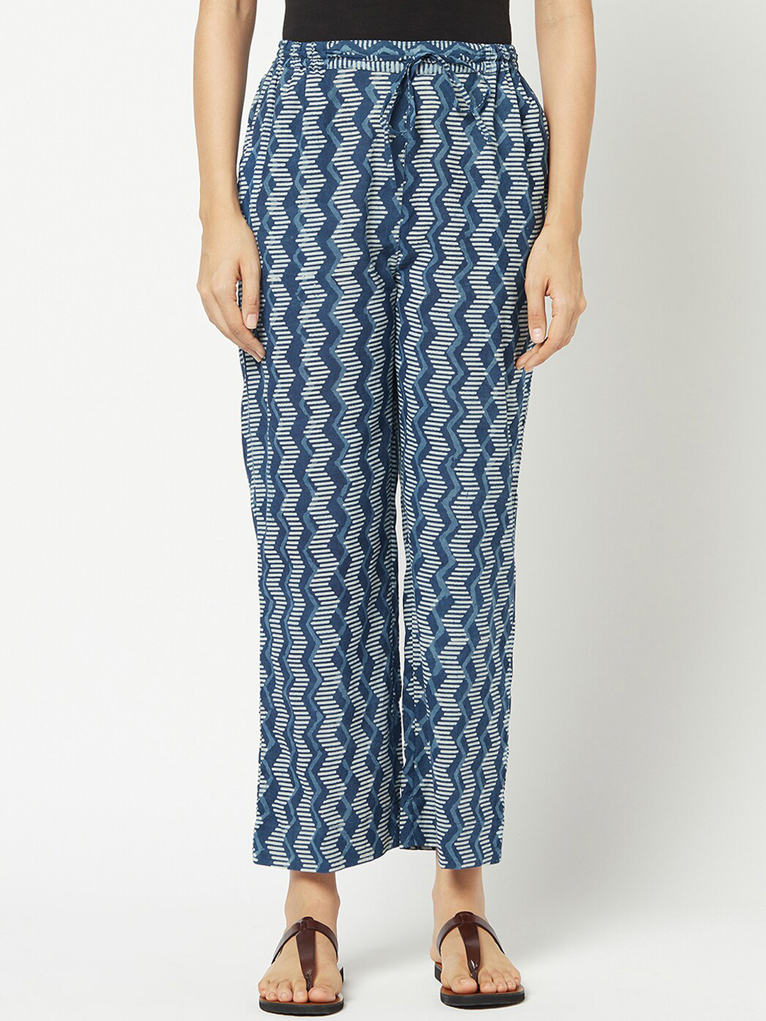 Buy Fabindia FabBasic Women Blue Printed Parallel Trousers - Trousers ...