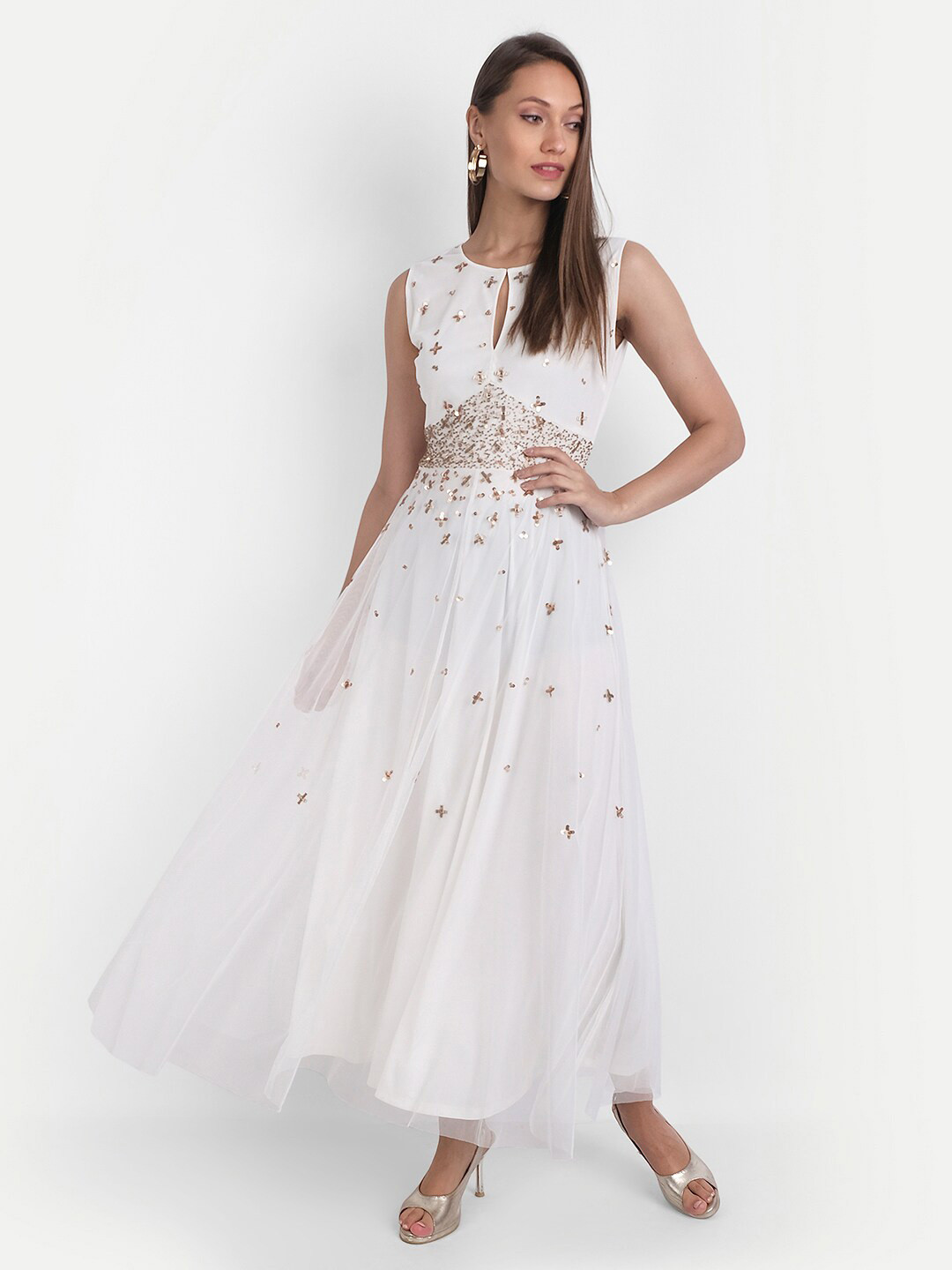 Buy LY2 Cream Coloured Embellished Net Maxi Dress - Dresses for Women ...