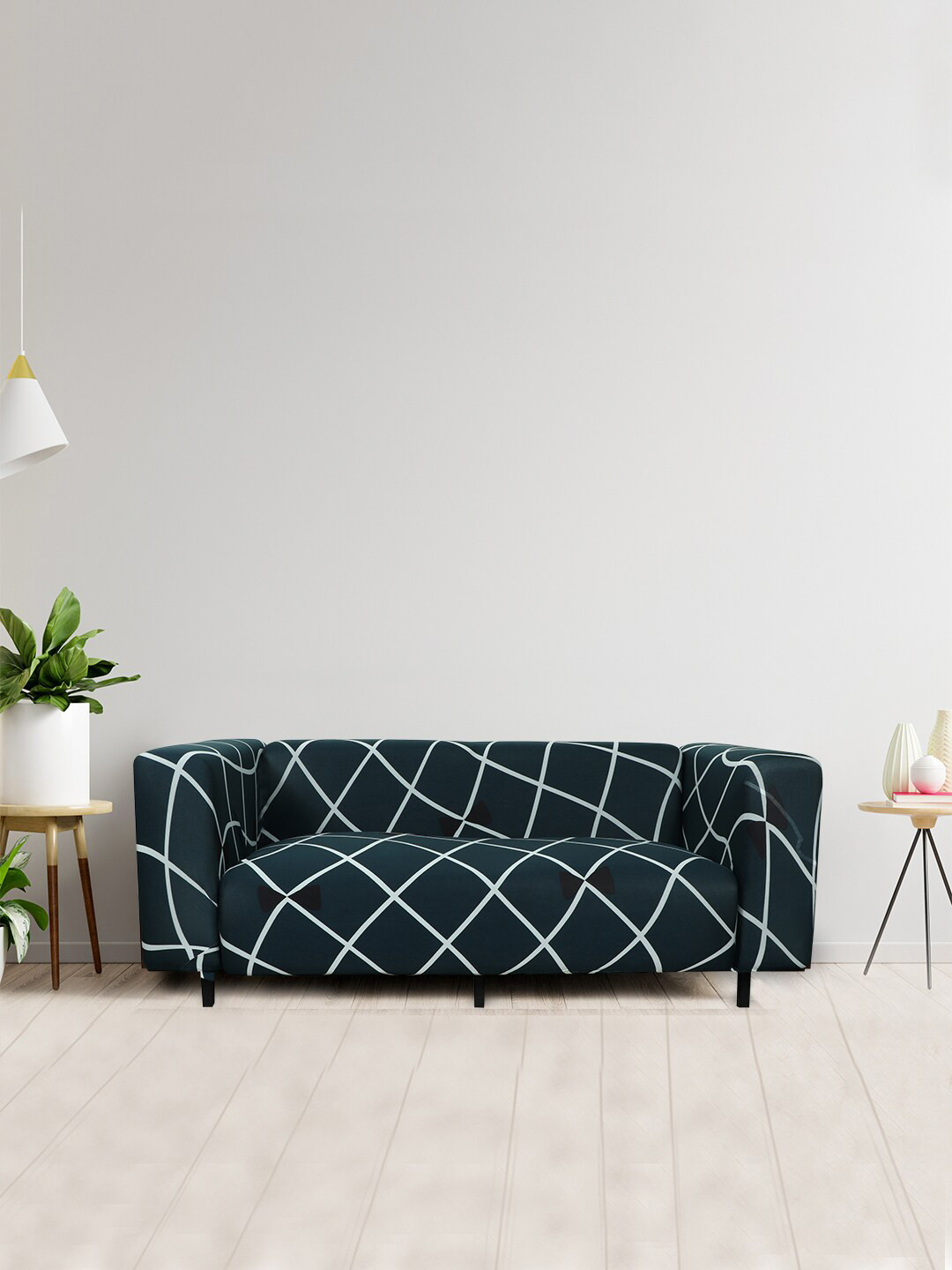 Buy HOUSE OF QUIRK Blue & White Printed 3 Seater Stretchable Non Slip ...