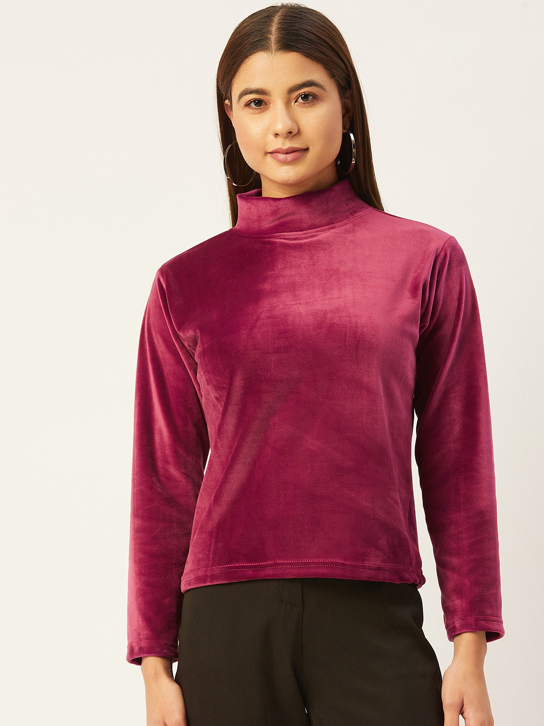 Buy BROOWL Maroon Velvet Solid High Neck Regular Top - Tops for Women ...