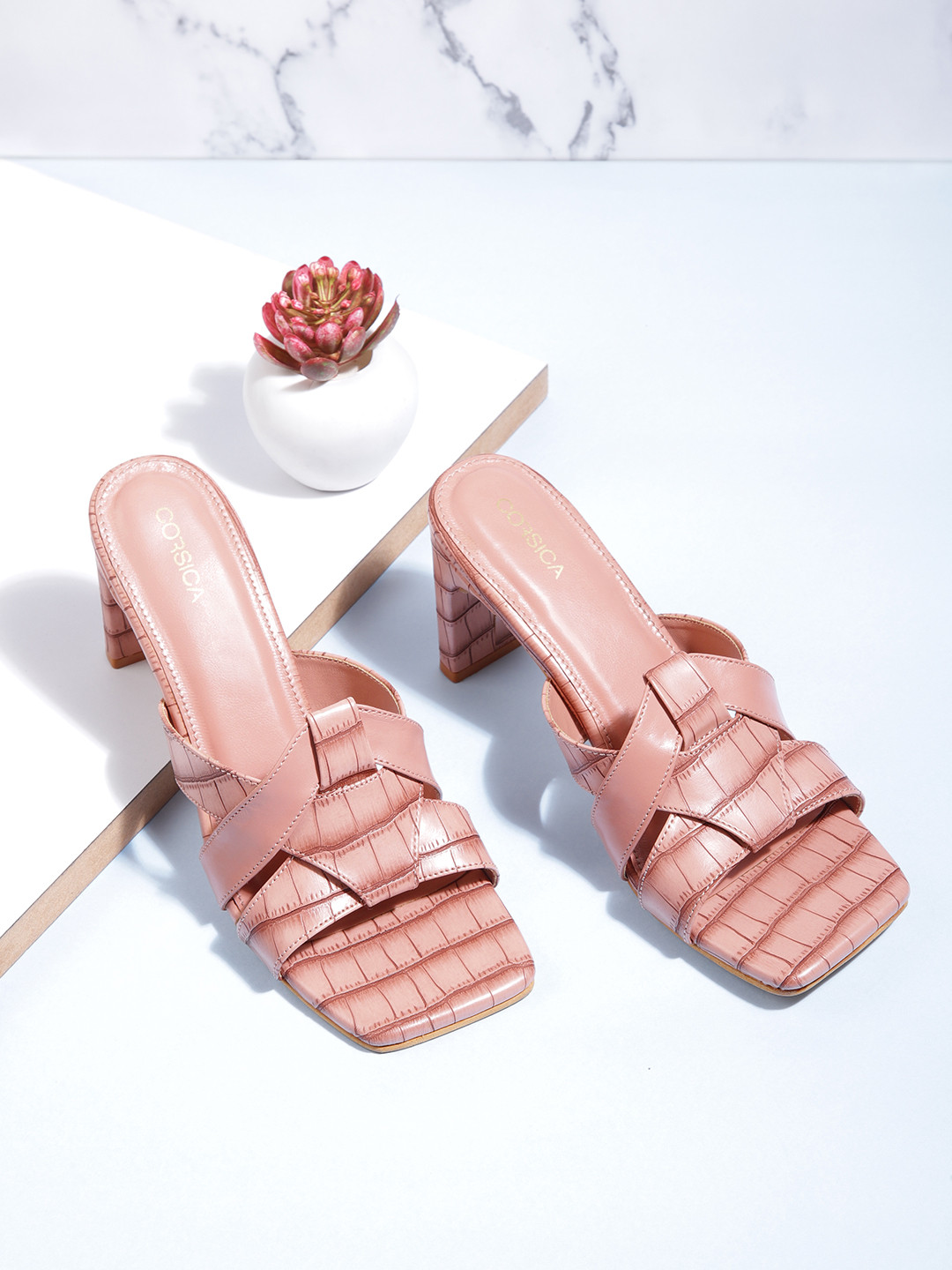 Buy CORSICA Dusty Pink Croc Textured Block Heels - Heels for Women ...