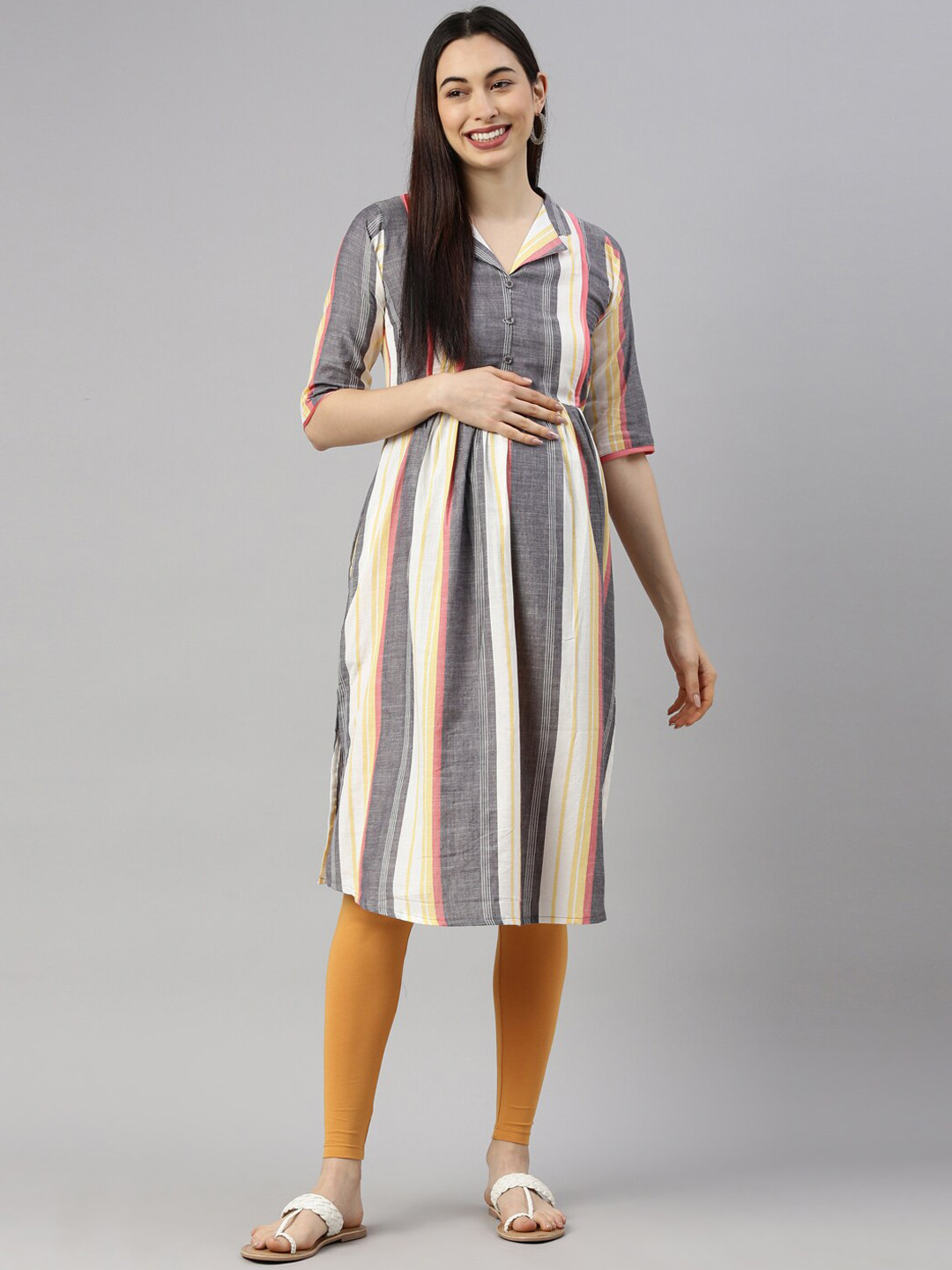 Buy GOLDSTROMS Women Grey Striped Maternity Kurta - Kurtas for Women ...