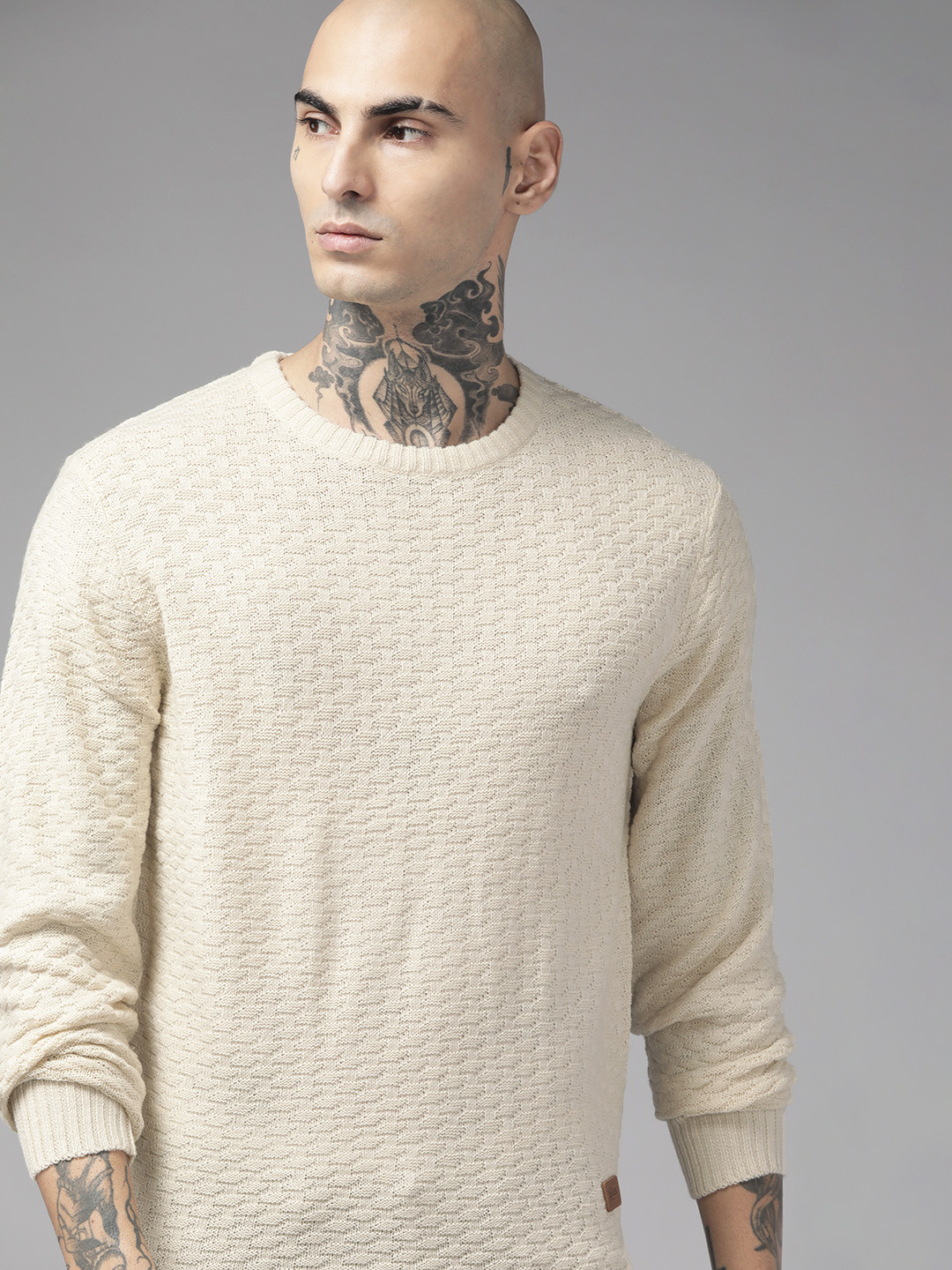 Buy The Roadster Lifestyle Co. Men Beige Self Design Acrylic Pullover ...