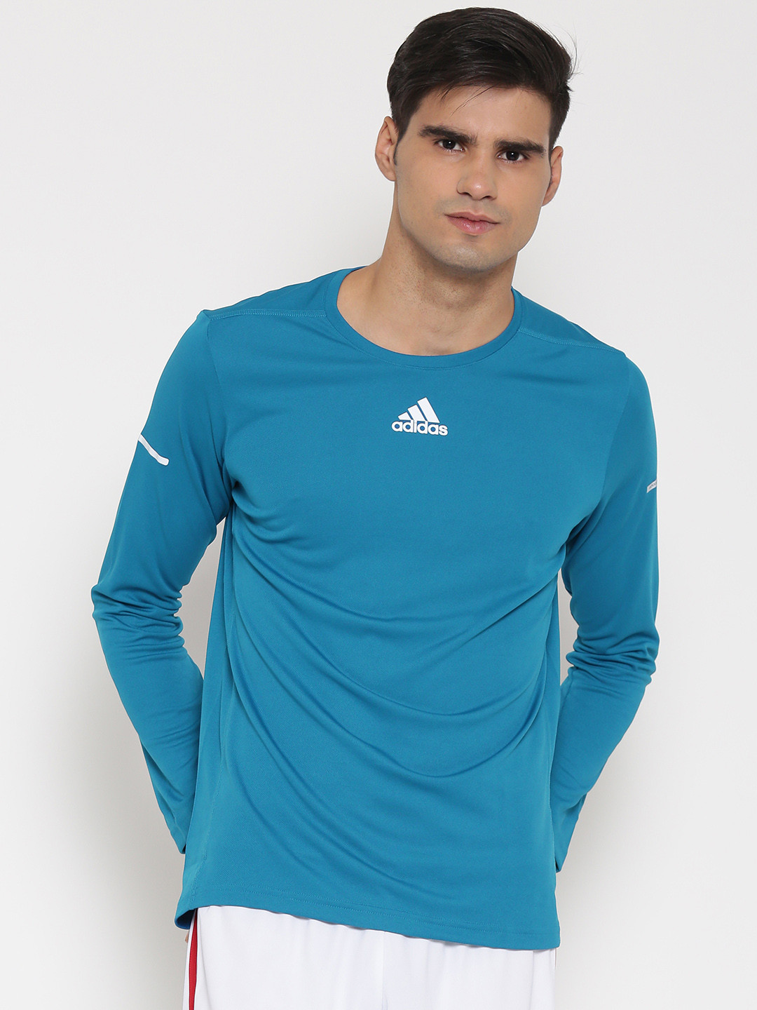 Buy ADIDAS Men Turquoise Blue LS Solid Round Neck Running T Shirt ...