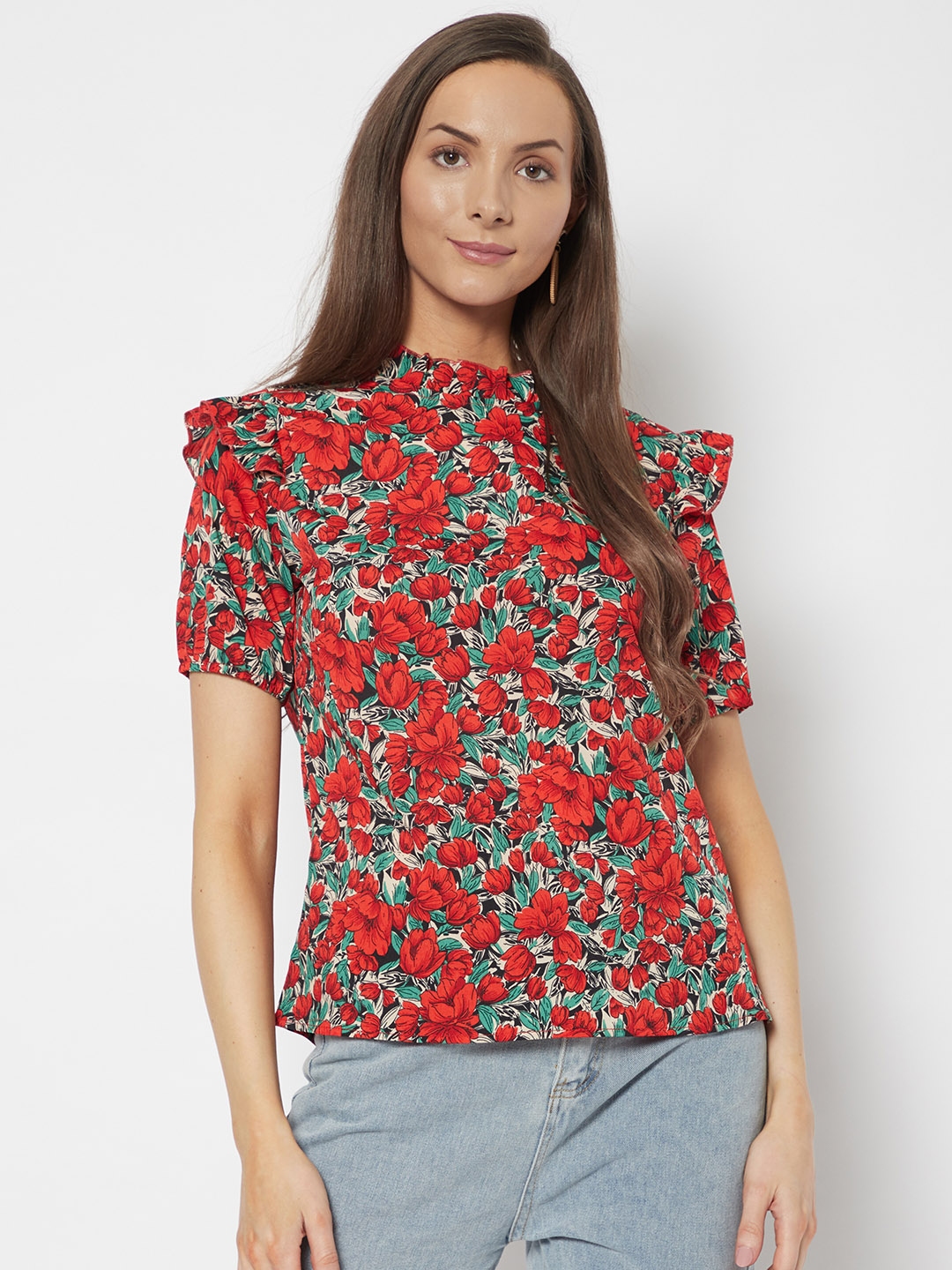 Buy Urbanic Women Red And Green Floral Print Top Tops For Women