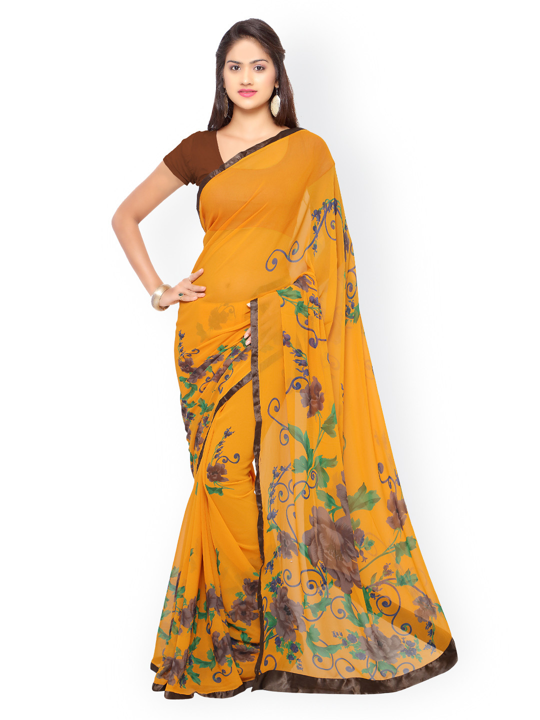 Buy Saree Mall Yellow Georgette Floral Print Saree - Sarees for Women ...