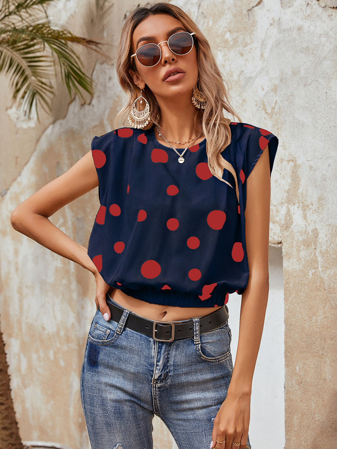 Buy URBANIC Navy Blue & Red Print Extended Sleeves Blouson Crop Top ...
