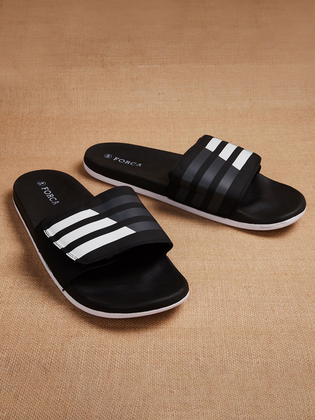 Buy Forca By Lifestyle Men Black & Silver Toned Striped Sliders - Flip ...