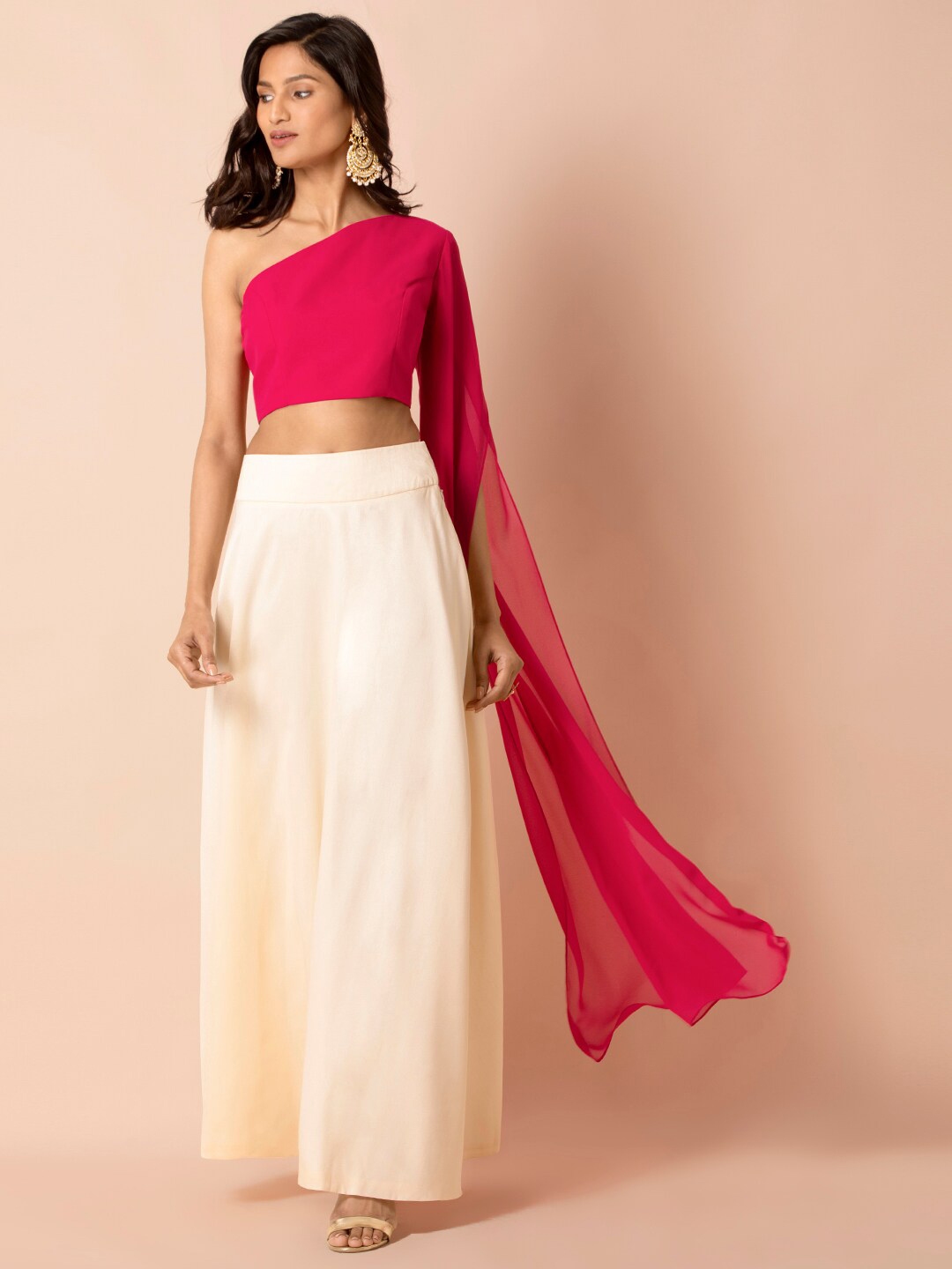 Buy Indya Pink Georgette Regular One Shoulder Extra Long Sleeve Crop