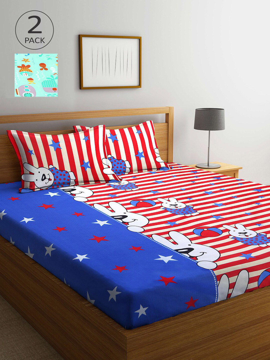 Buy Arrabi Red & Green Cartoon Characters 210 TC 2 King Bedsheet With 4 ...