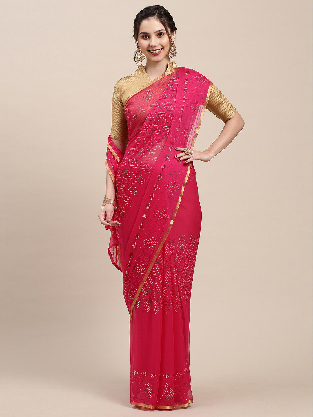 Buy Saree Mall Pink & Gold Toned Embellished Sarees - Sarees for Women ...
