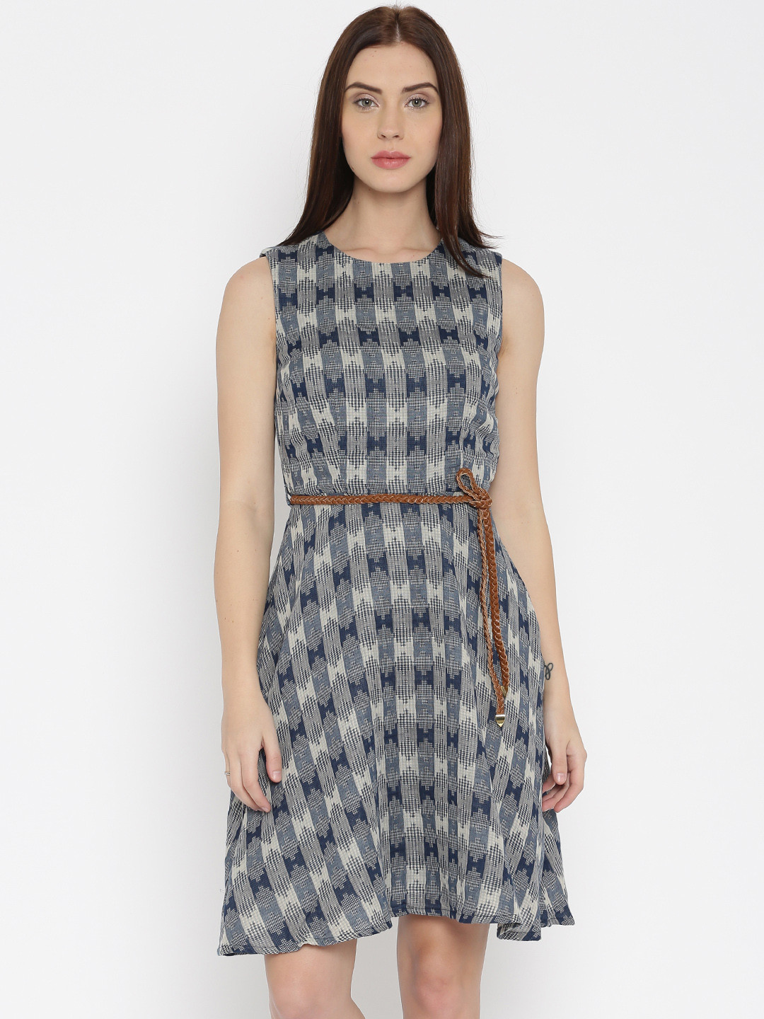 Buy Allen Solly Woman Navy & Off White Self Design A Line Dress ...