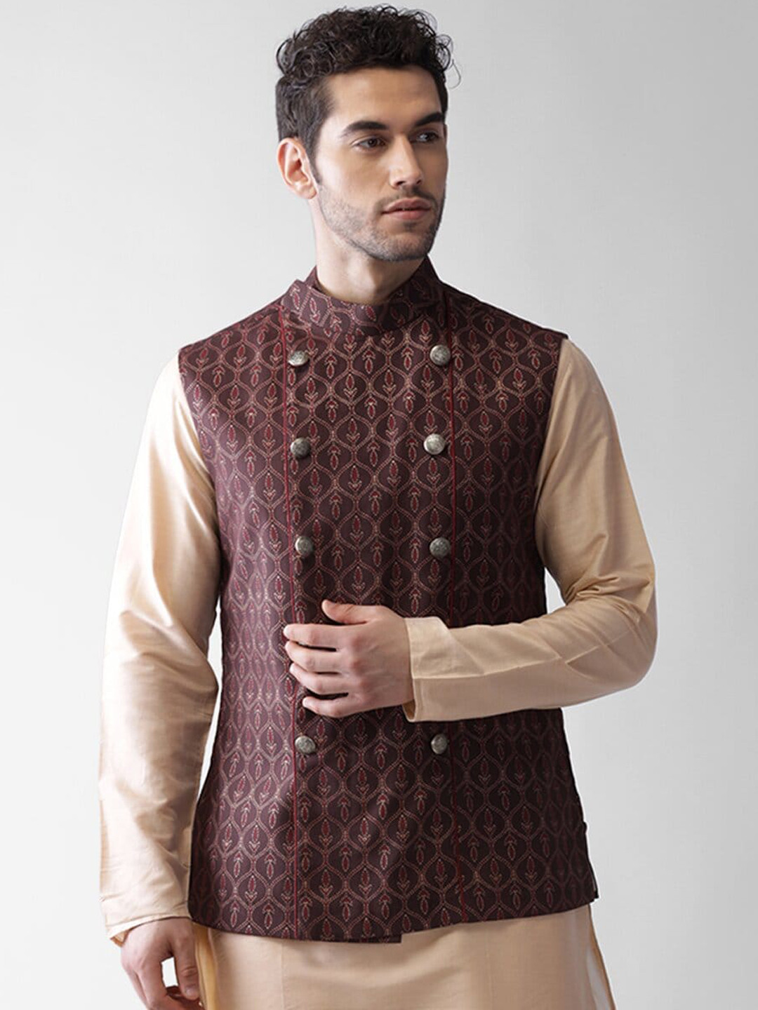 Buy KISAH Men Brown Printed Nehru Jacket - Nehru Jackets for Men ...