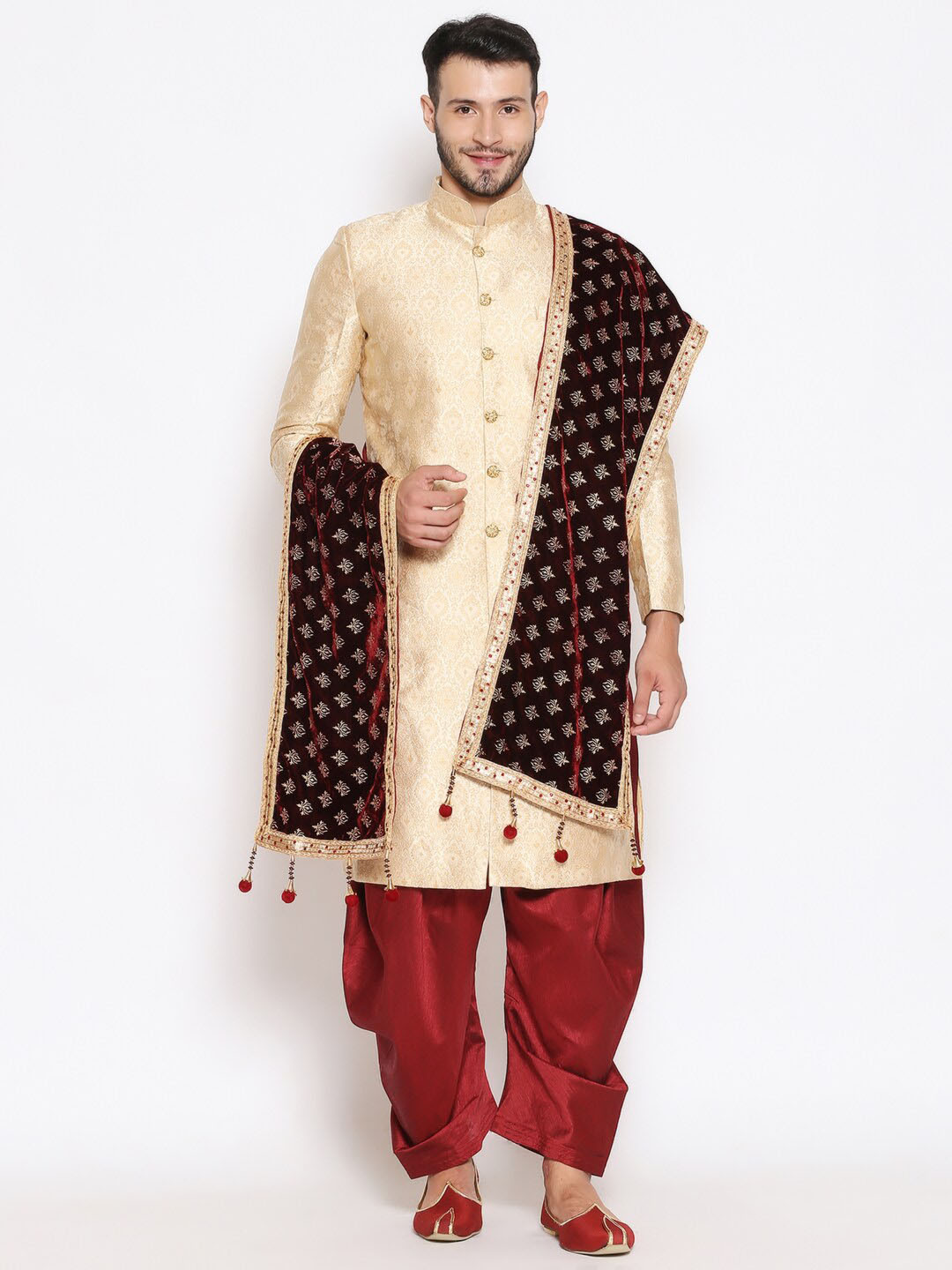 Buy Dupatta Bazaar Men Maroon & Gold Toned Ethnic Motifs Printed Velvet ...