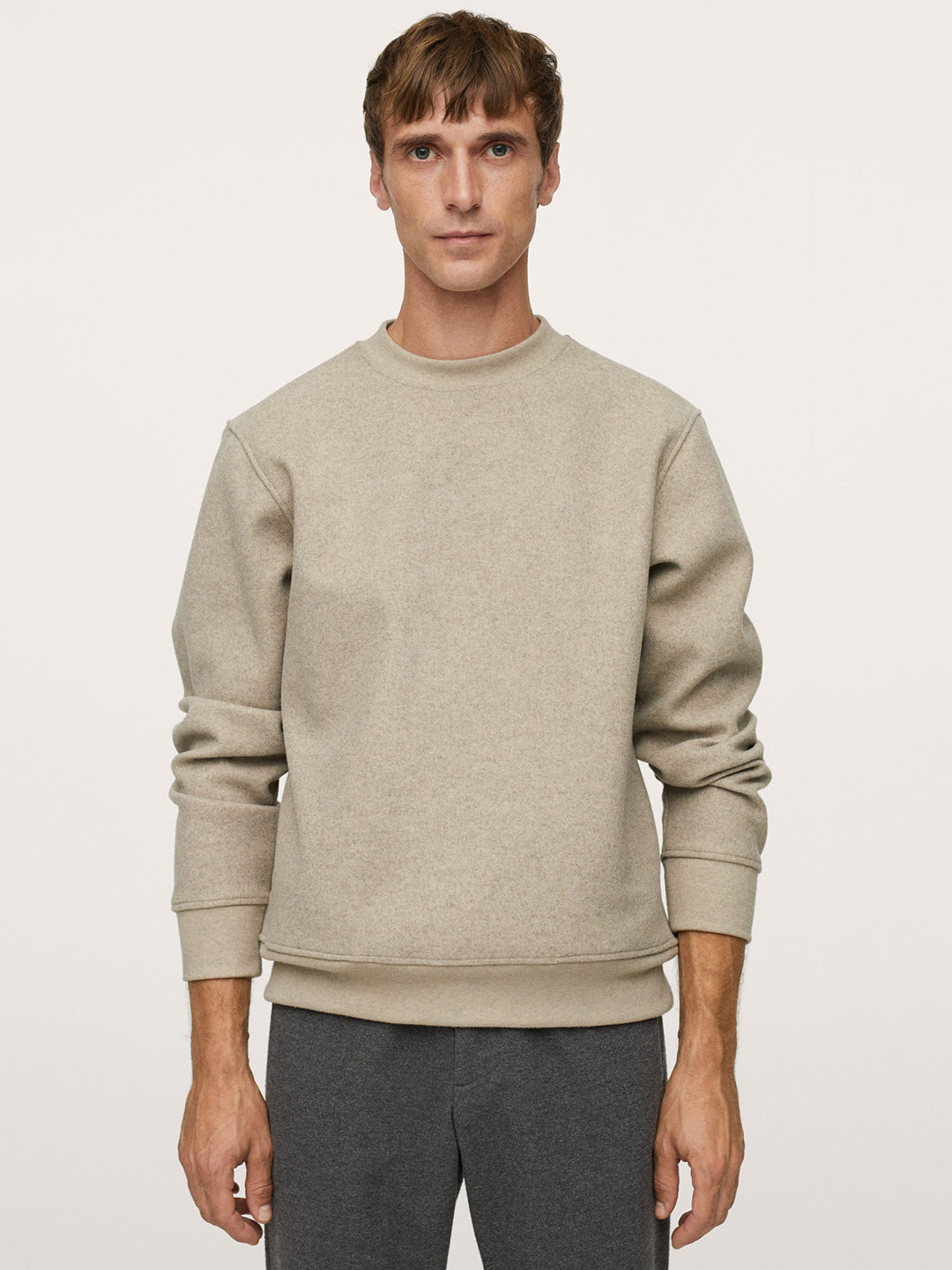 Buy MANGO MAN Men Beige Solid Pullover Sweatshirt - Sweatshirts for Men ...