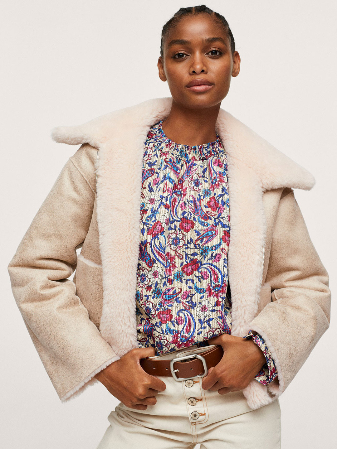 Buy MANGO Women Beige Reversible Faux Fur Jacket - Jackets for Women ...