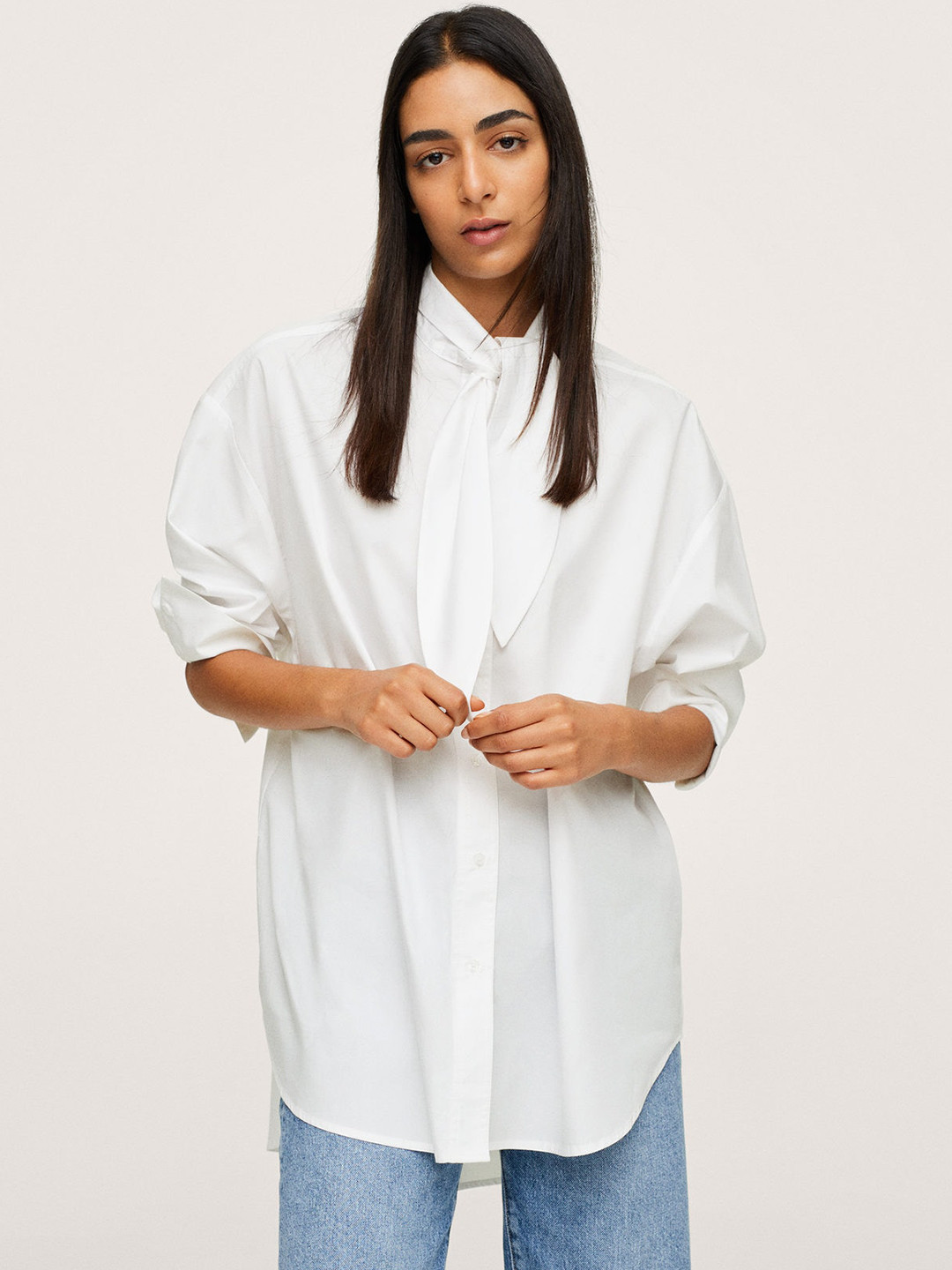 Buy MANGO Women White Pure Cotton Solid Casual Shirt - Shirts for Women ...