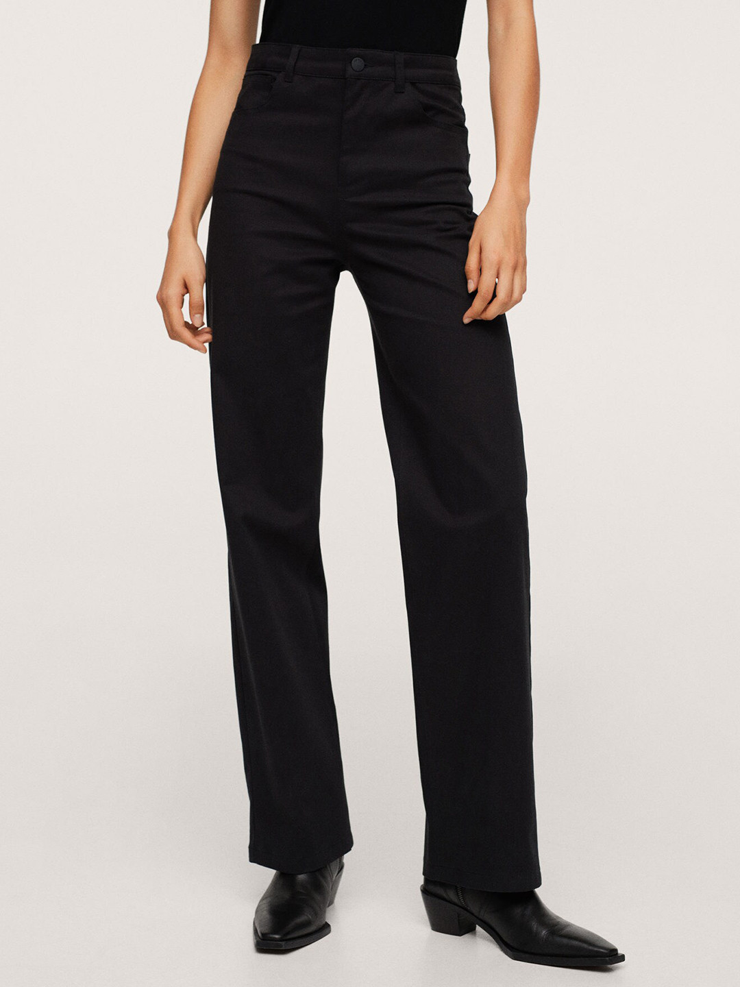 Buy MANGO Women Black Solid Regular Trousers - Trousers for Women ...
