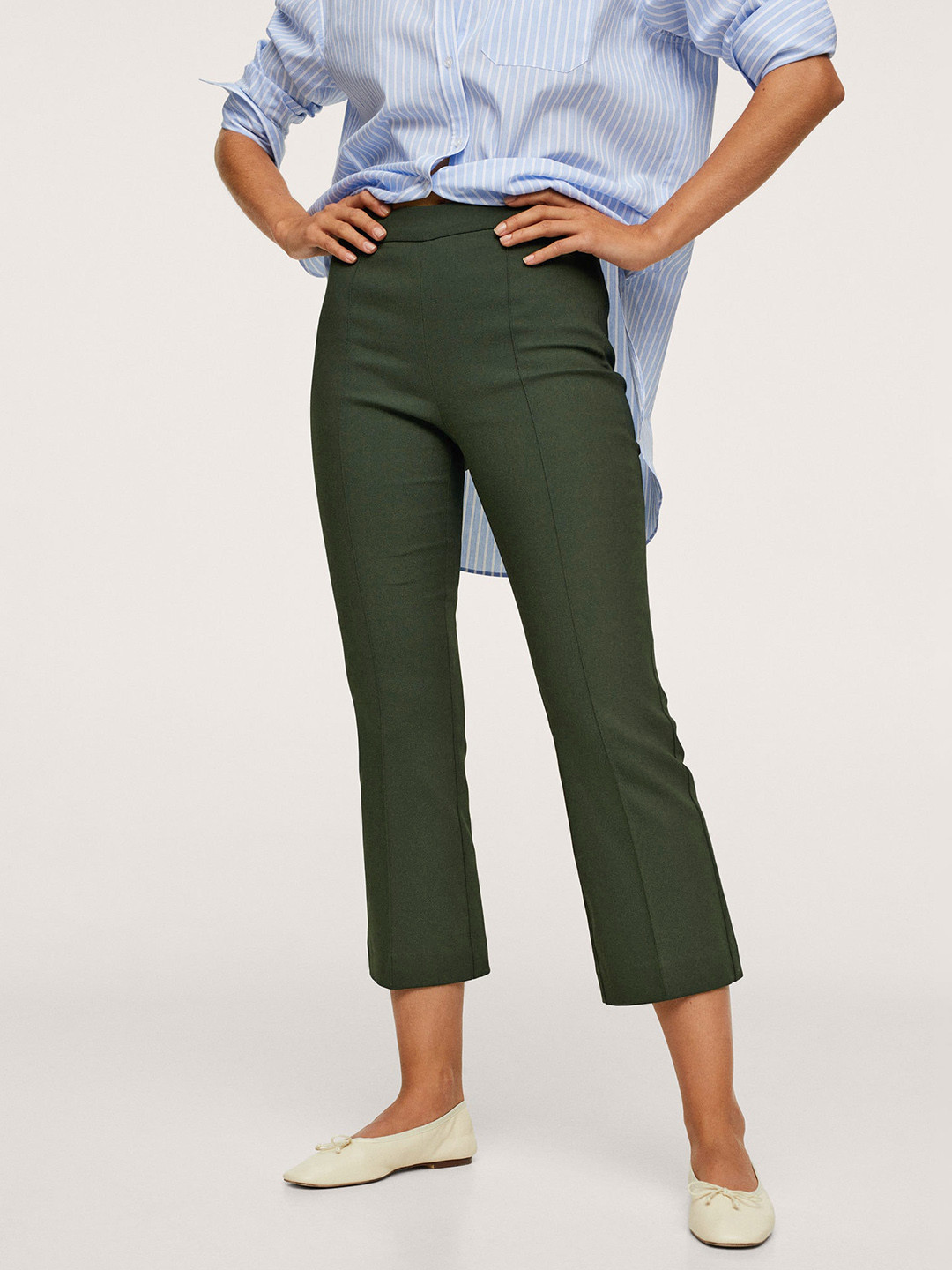 Buy MANGO Women Olive Green Solid Cropped Trousers - Trousers for Women ...