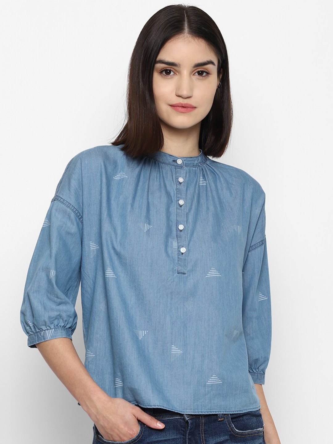 Buy Allen Solly Woman Blue Mandarin Collar Shirt Style Top Tops For