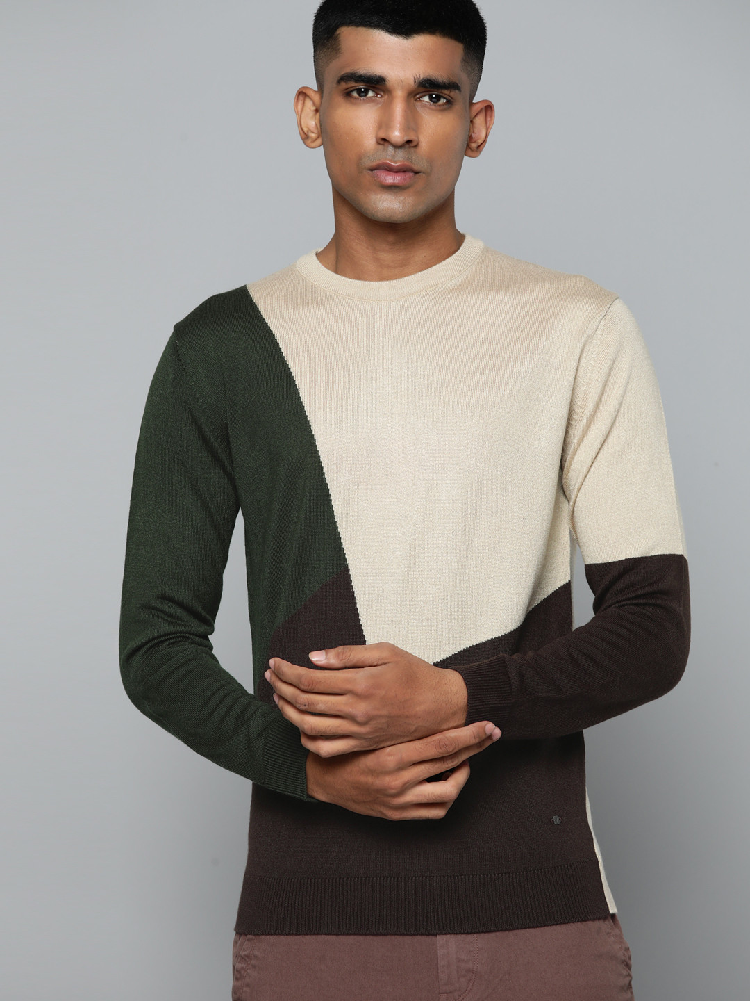 Buy Indian Terrain Men Beige & Brown Colourblocked Pullover - Sweaters ...