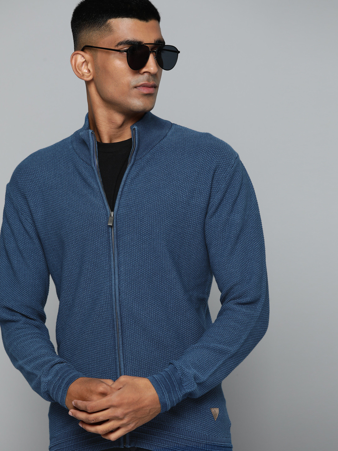 Buy Indian Terrain Men Blue Pure Cotton Self Design Cardigan - Sweaters ...