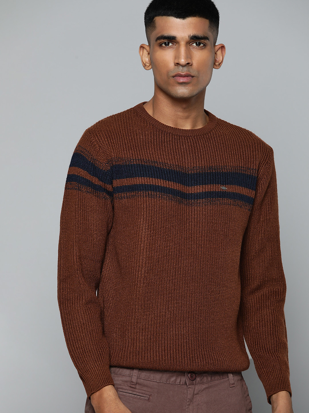 Buy Indian Terrain Men Brown Pure Cotton Striped Pullover - Sweaters ...