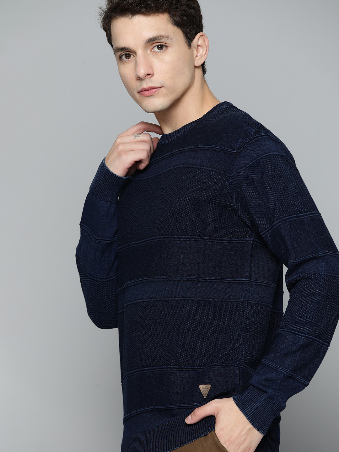 Buy Indian Terrain Men Navy Blue Pure Cotton Self Striped Pullover ...