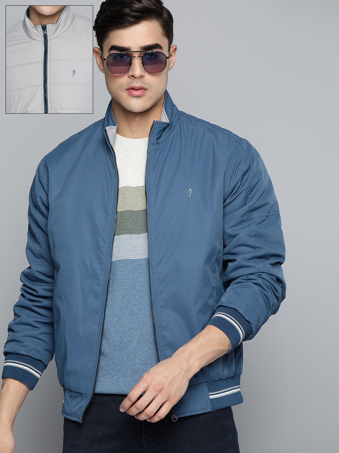 Buy Indian Terrain Men Teal Blue & Grey Solid Reversible Bomber Jacket ...