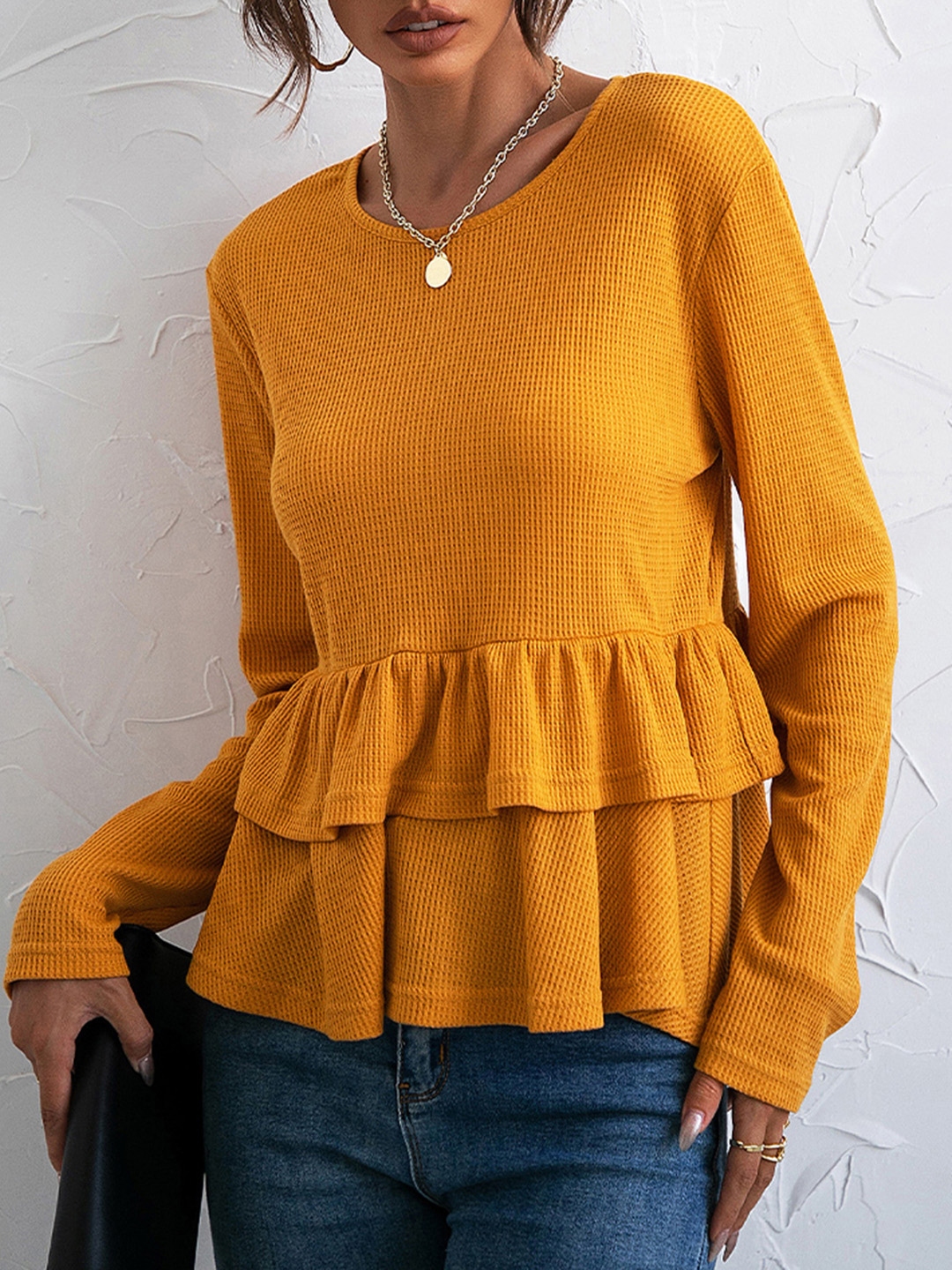 Buy Urbanic Women Mustard Yellow Solid Ruffles Top Tops For Women
