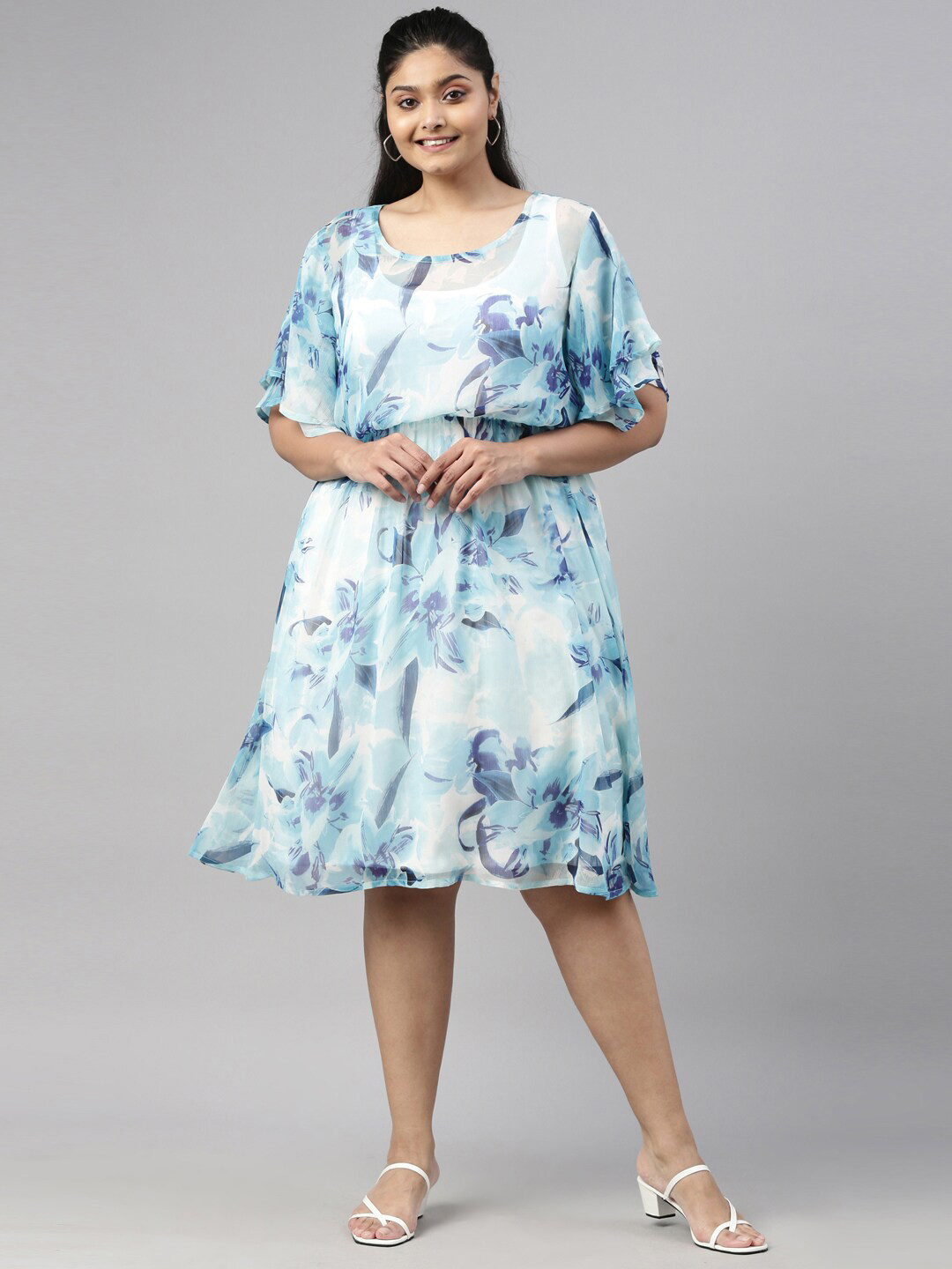 Buy The Pink Moon Blue Floral Chiffon Dress - Dresses for Women ...