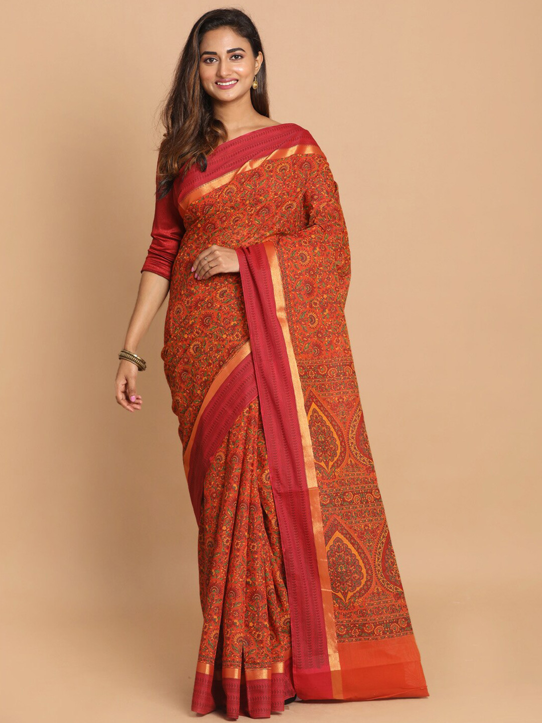 Buy Saranee Rust & Orange Floral Saree - Sarees for Women 16157636 | Myntra