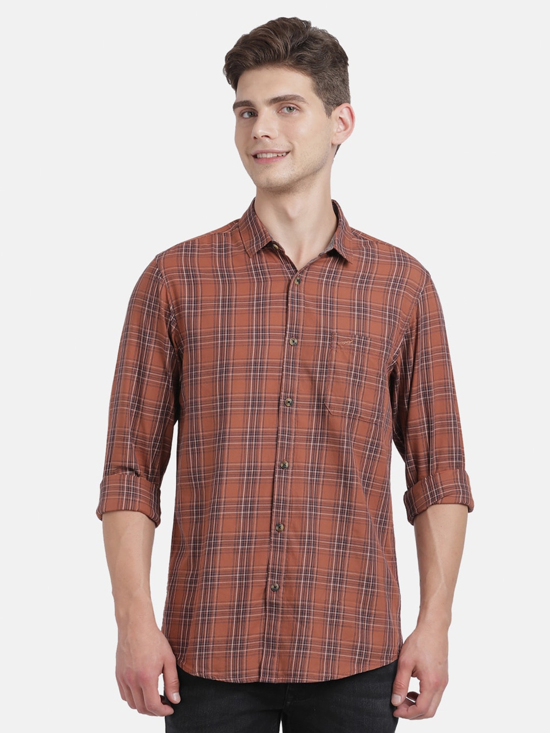 Buy Crocodile Men Brown And White Classic Slim Fit Opaque Checked Cotton