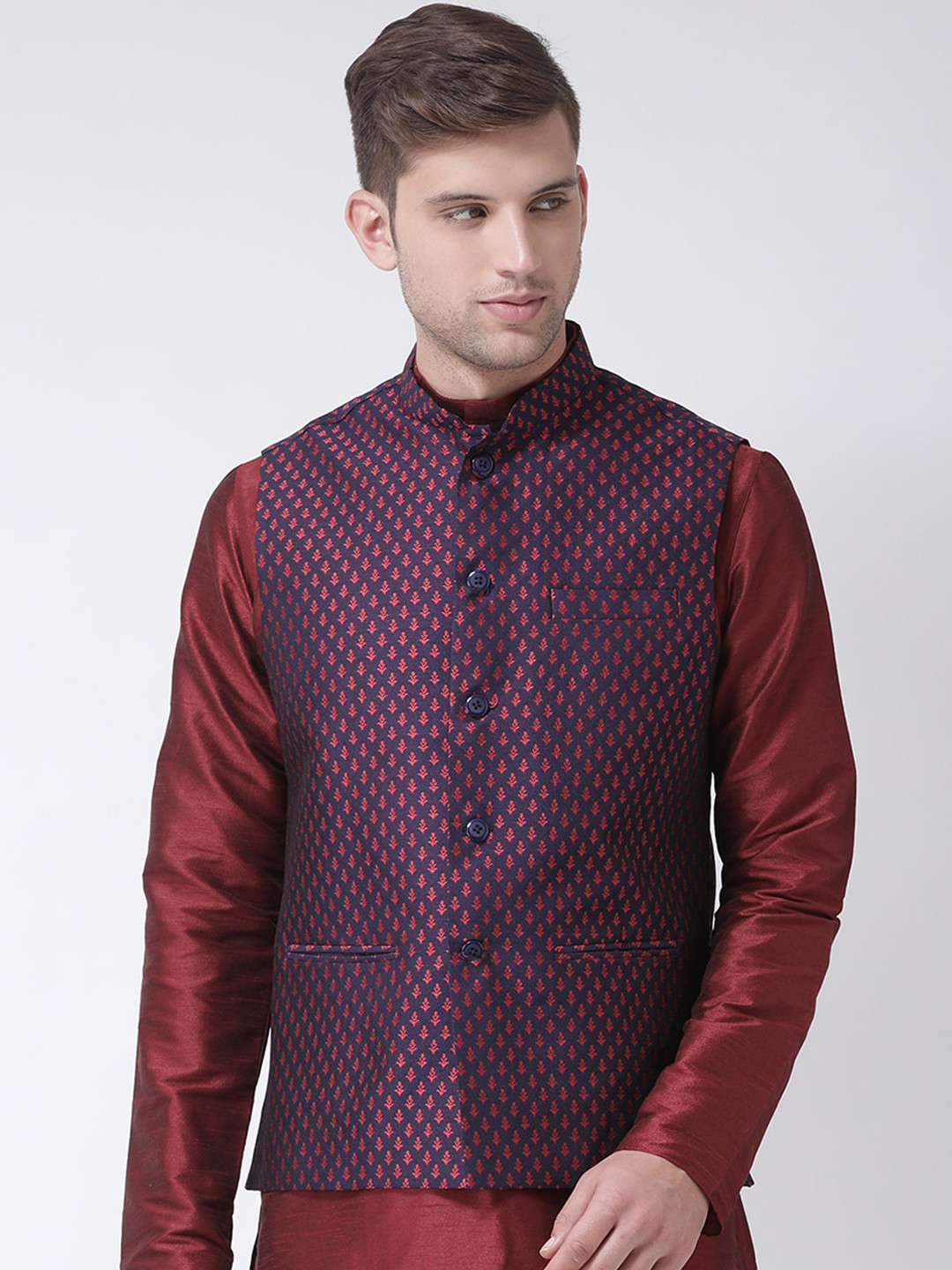 Buy Tabard Men Black & Maroon Woven Design Nehru Jacket - Nehru Jackets ...