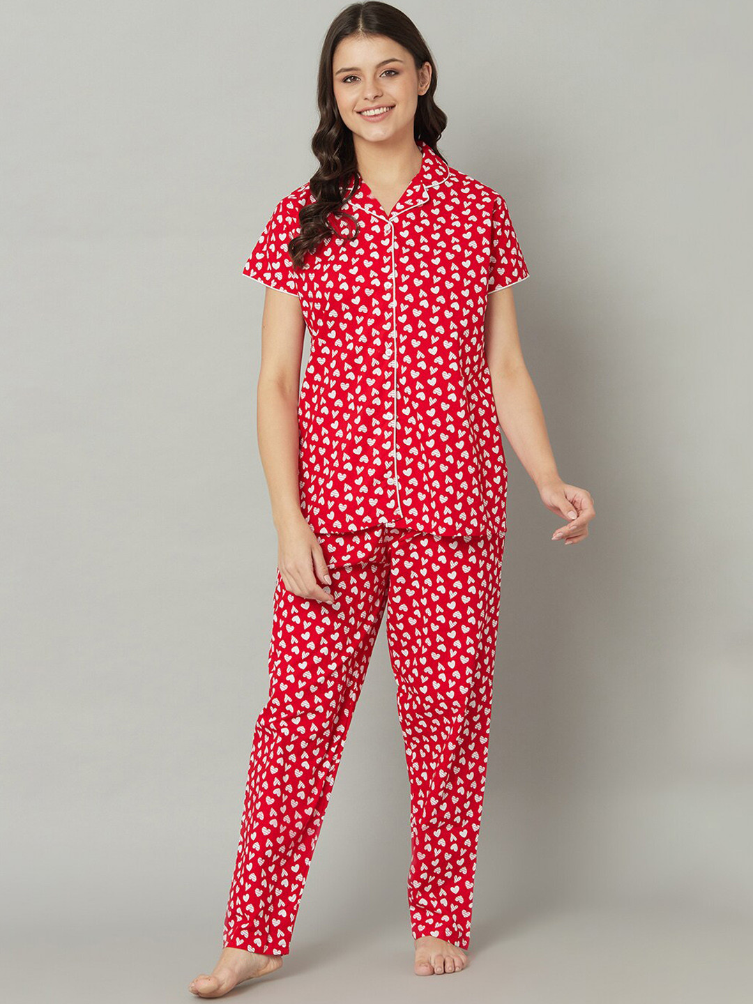 Buy TRUNDZ Women Red & White Printed Pure Cotton Night Suit - Night ...