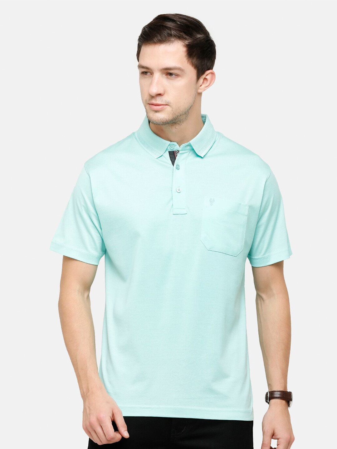 Buy Classic Polo Men Turquoise Blue Polo Collar Pockets T Shirt ...