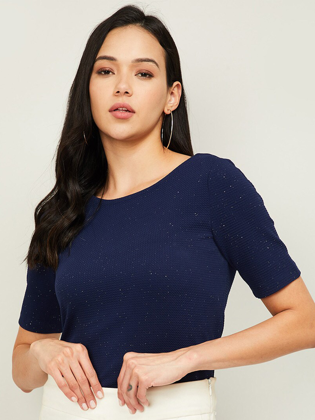 Buy CODE By Lifestyle Navy Blue Solid Regular Top - Tops for Women ...