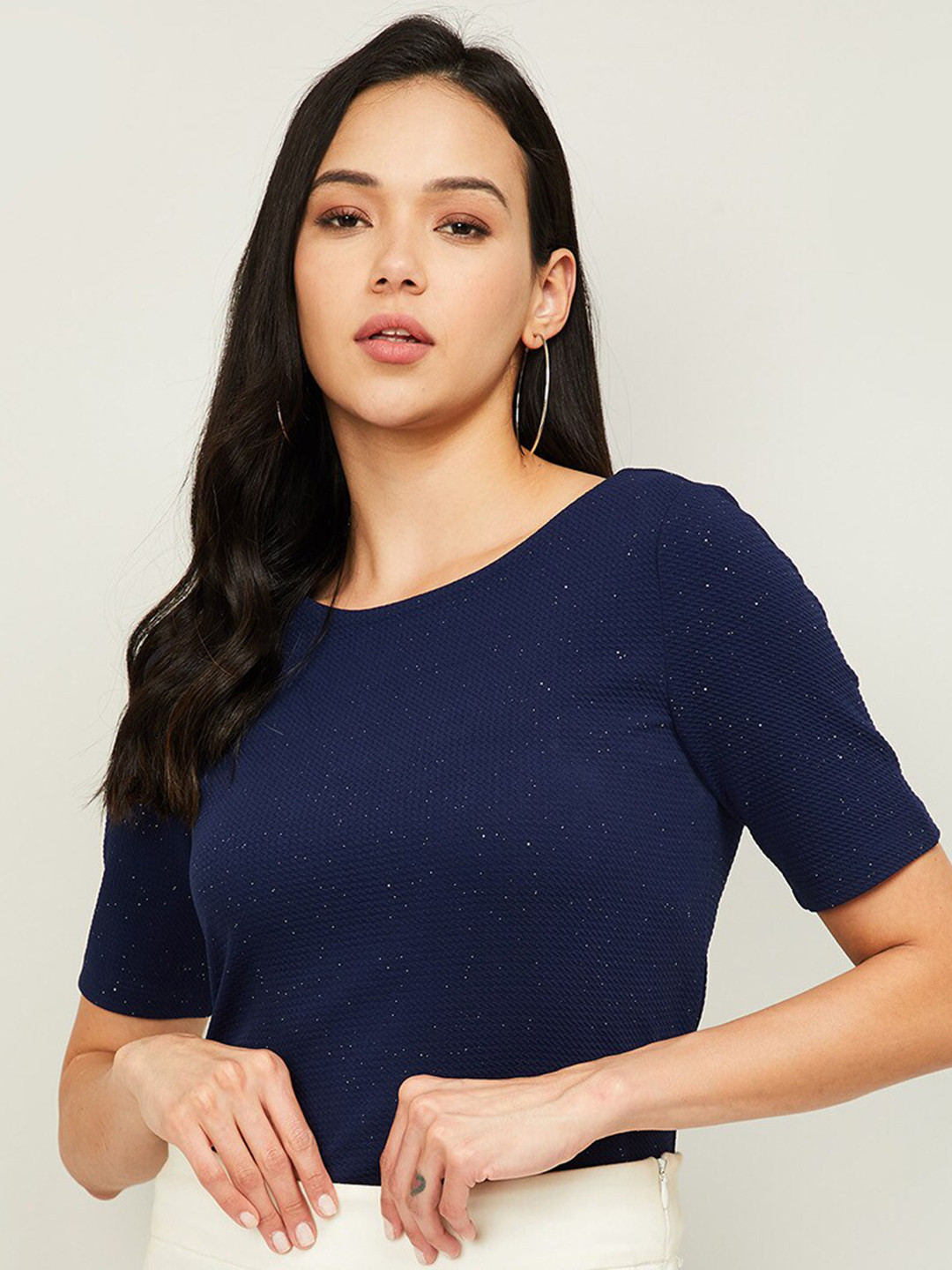 Buy CODE By Lifestyle Navy Blue Solid Regular Top - Tops for Women ...