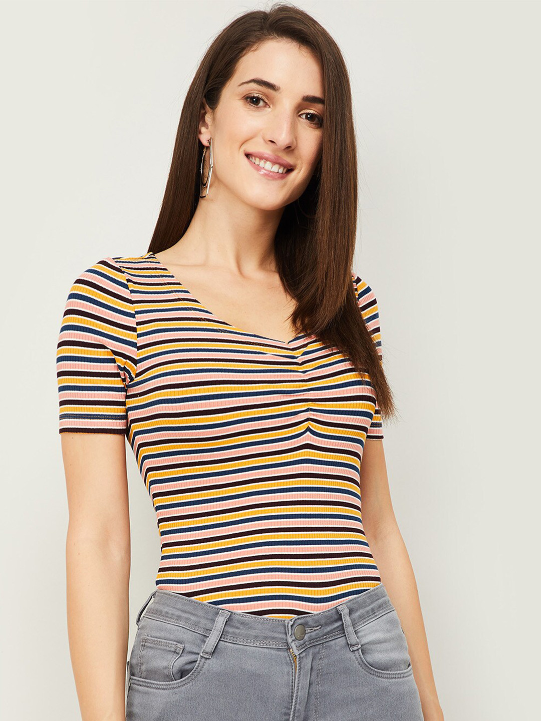 Buy Ginger By Lifestyle Multicoloured Striped Fitted Top - Tops for ...