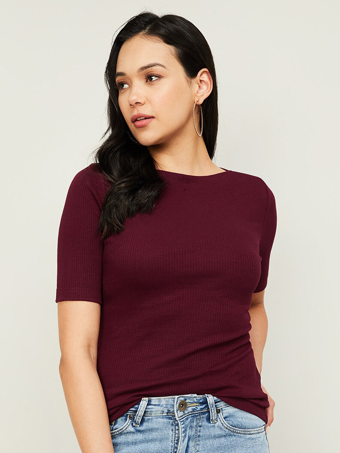 Buy Ginger By Lifestyle Burgundy Solid Regular Top - Tops for Women ...