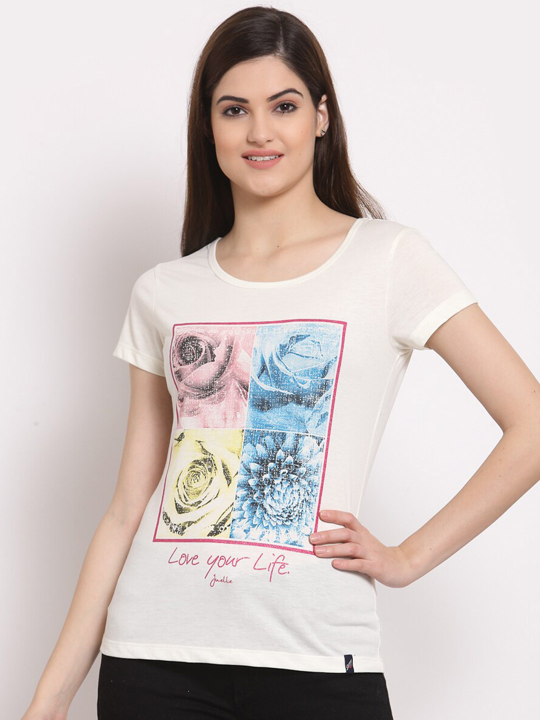 Buy Juelle Women White Floral Printed Round Neck Pure Cotton T Shirt ...
