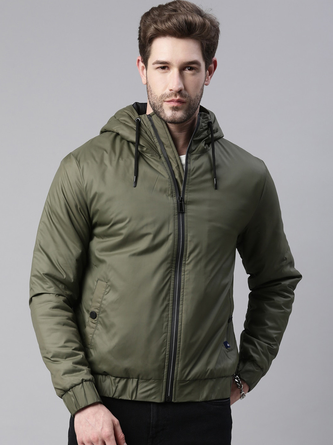 Buy Breakbounce Men Olive Green Lightweight Outdoor Hooded Bomber ...