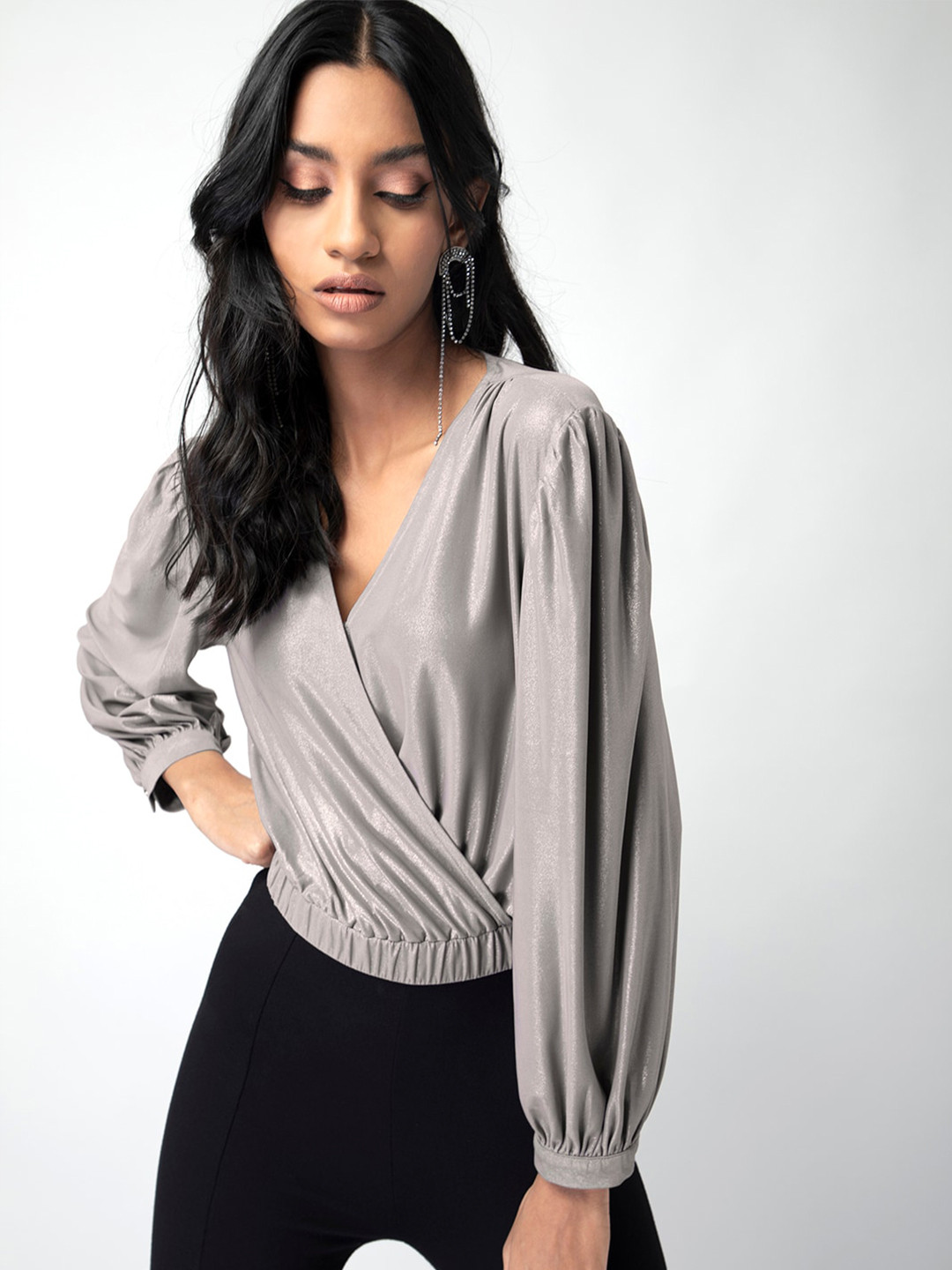 Buy FabAlley Grey Metallic Crop Wrap Top - Tops for Women 16173214 | Myntra