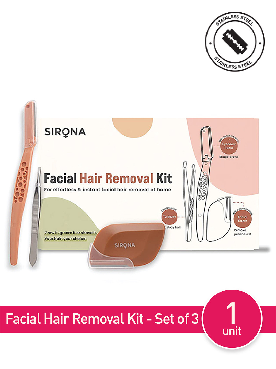 Buy Sirona Red Set Of 3 Reusable Facial Hair Removal Kit With Face ...