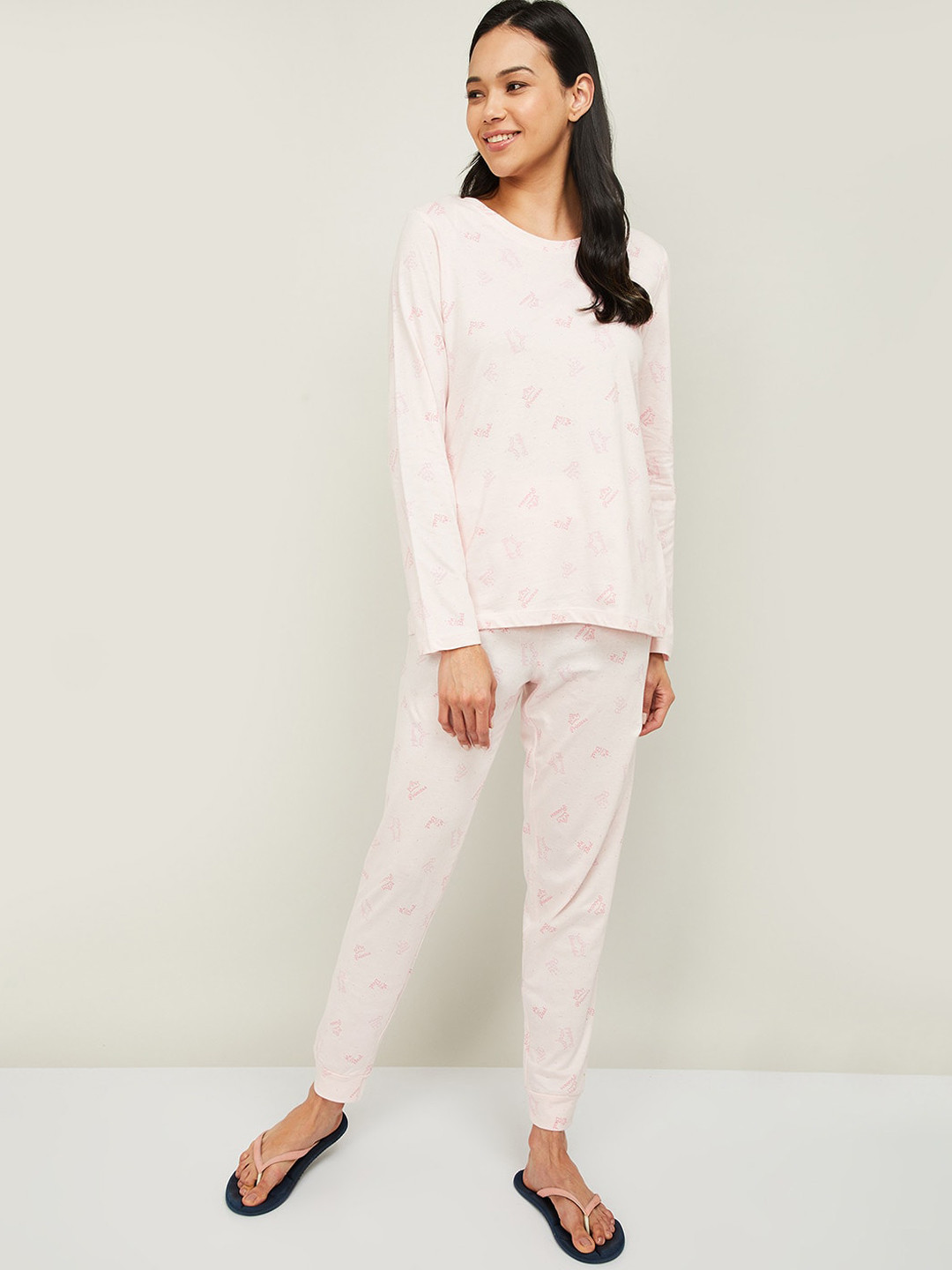 Buy Ginger By Lifestyle Women Pink Printed Pure Cotton Night Suit ...