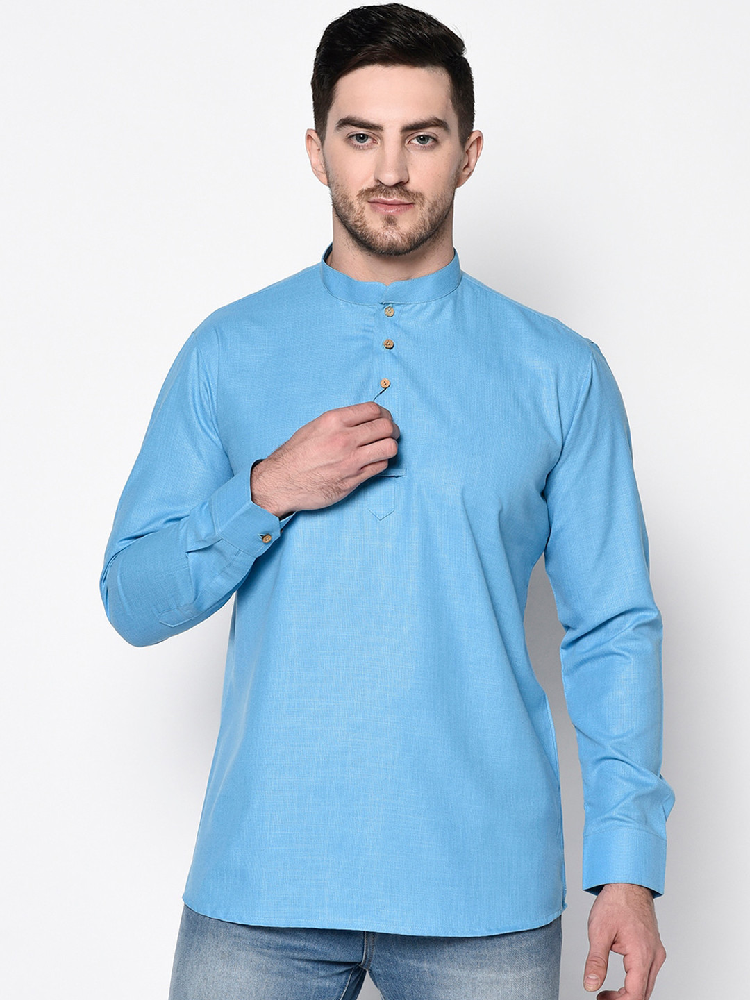 Buy TABARD Men Blue Patchwork Khadi Cotton Kurta - Kurtas for Men ...