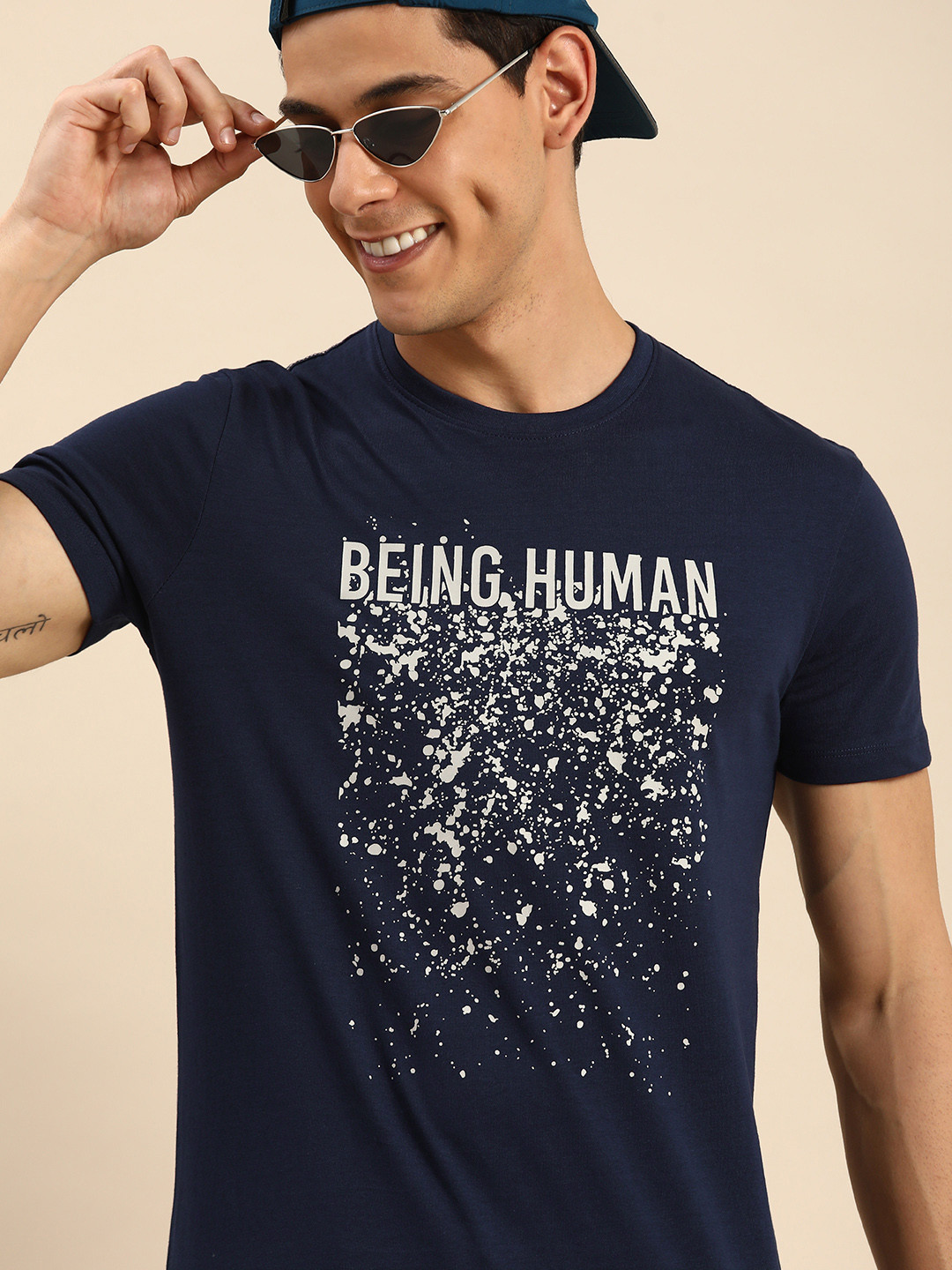 Buy Being Human Men Navy Blue & White Graphic Printed Pure Cotton ...