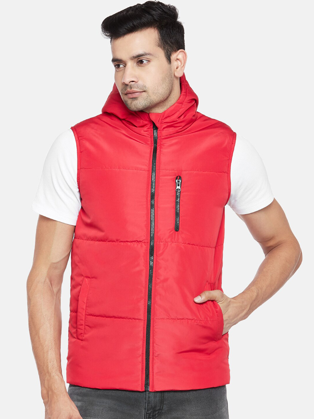 Buy People Men Red Sleeveless Bomber Jacket - Jackets for Men 16182058 ...