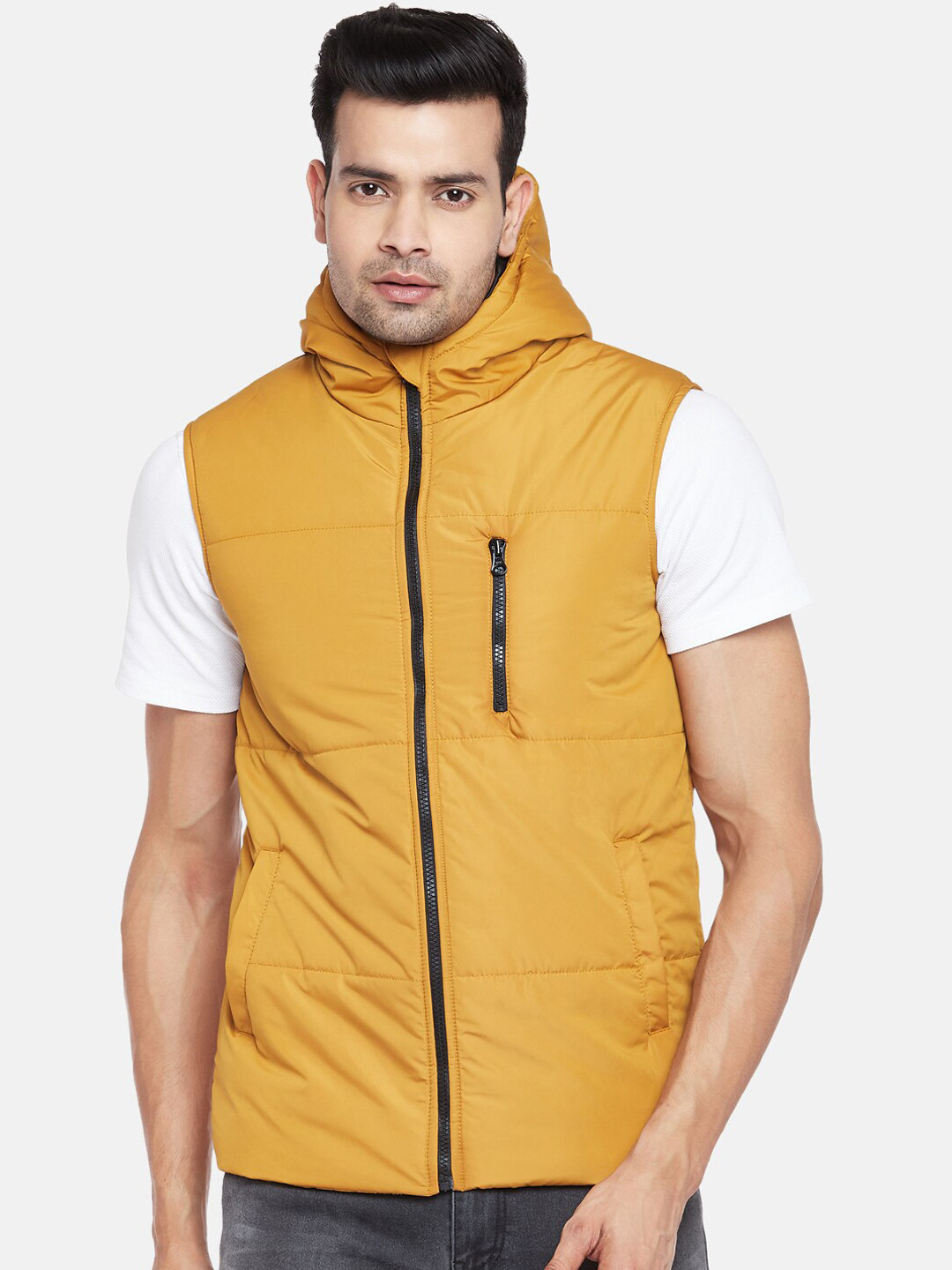 Buy People Men Mustard Sleeveless Bomber Jacket - Jackets for Men ...