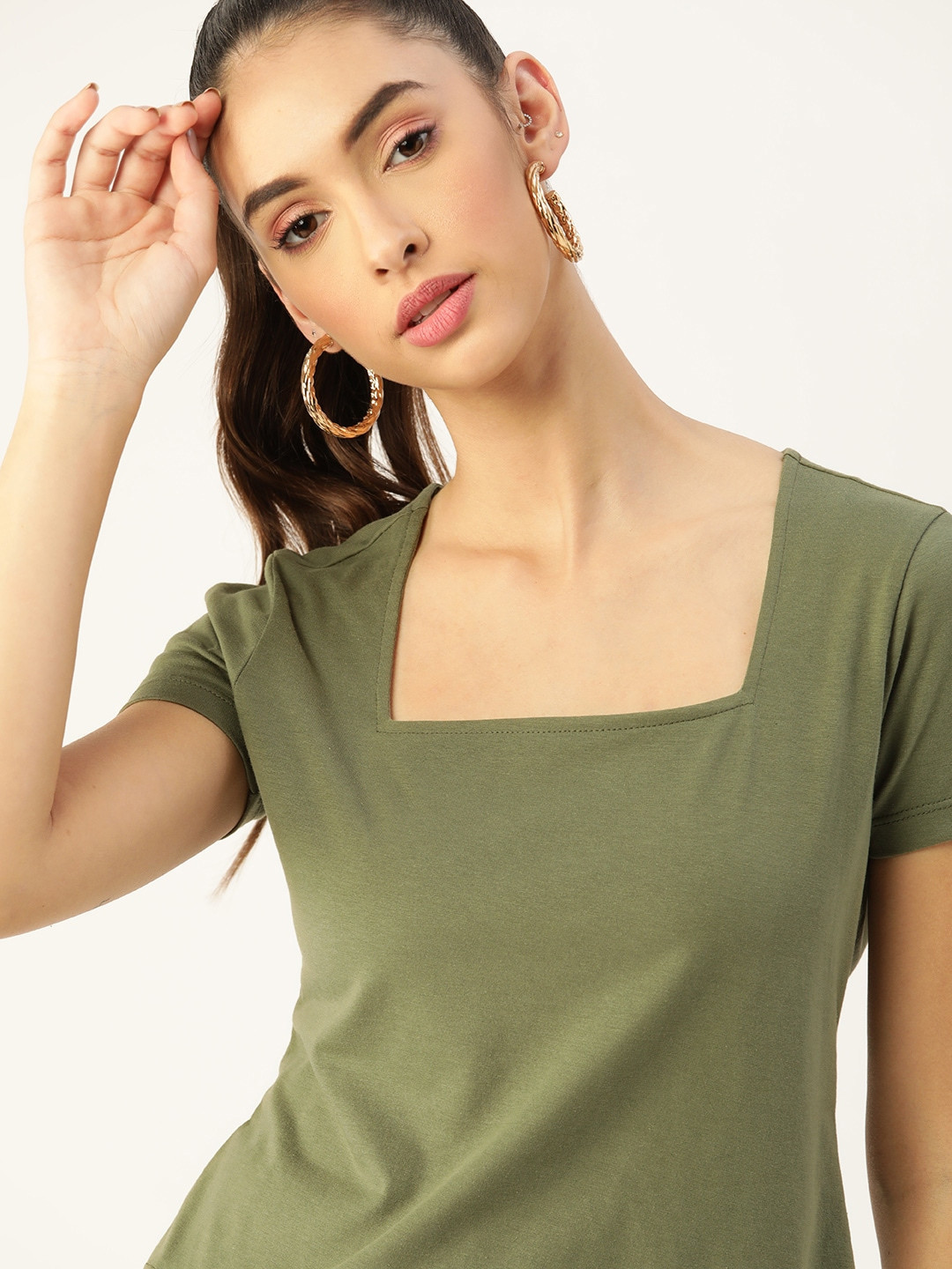 Buy DressBerry Olive Green Solid Square Neck Top - Tops for Women ...